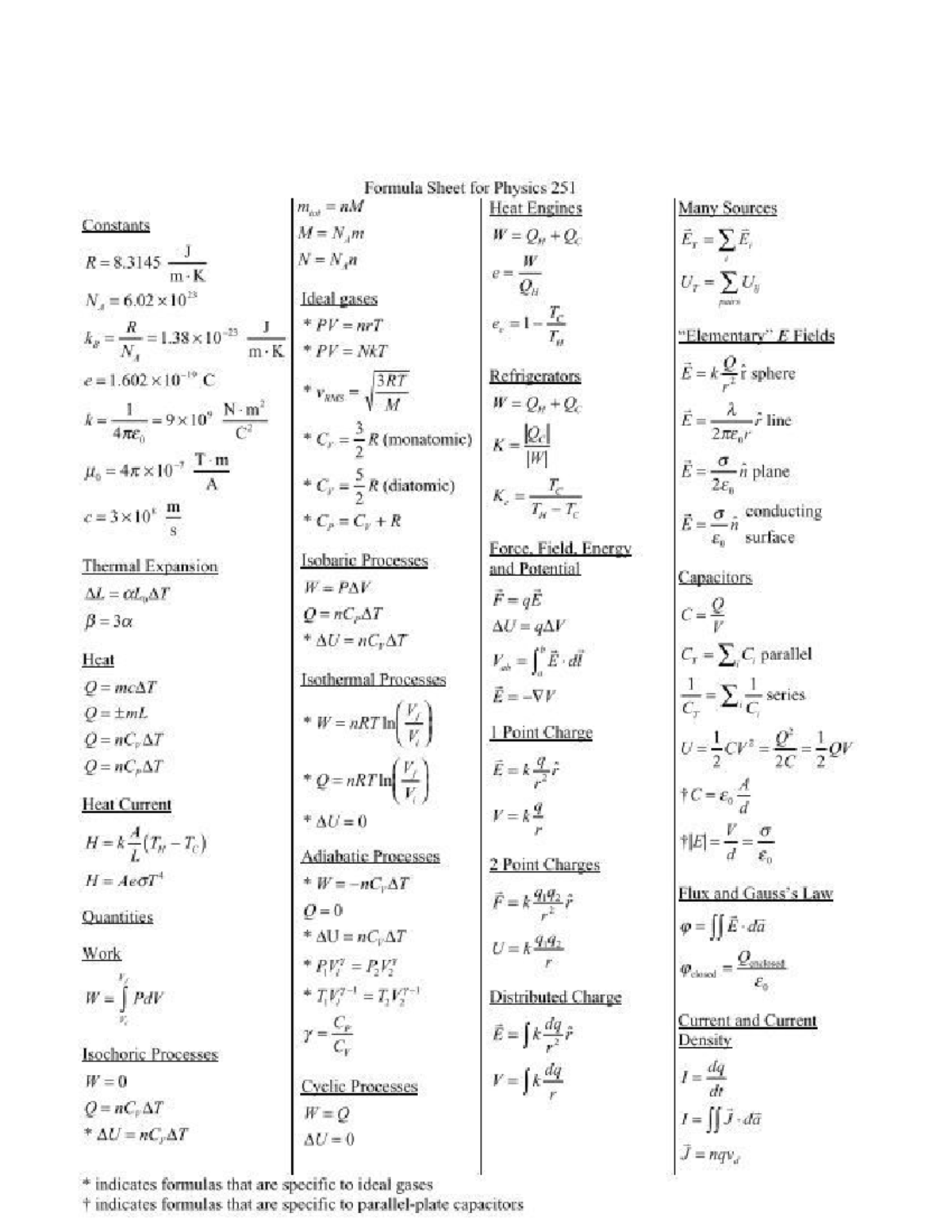 Physics formula sheet - Formula Sheet for Physics 251 Heat Engines Many ...