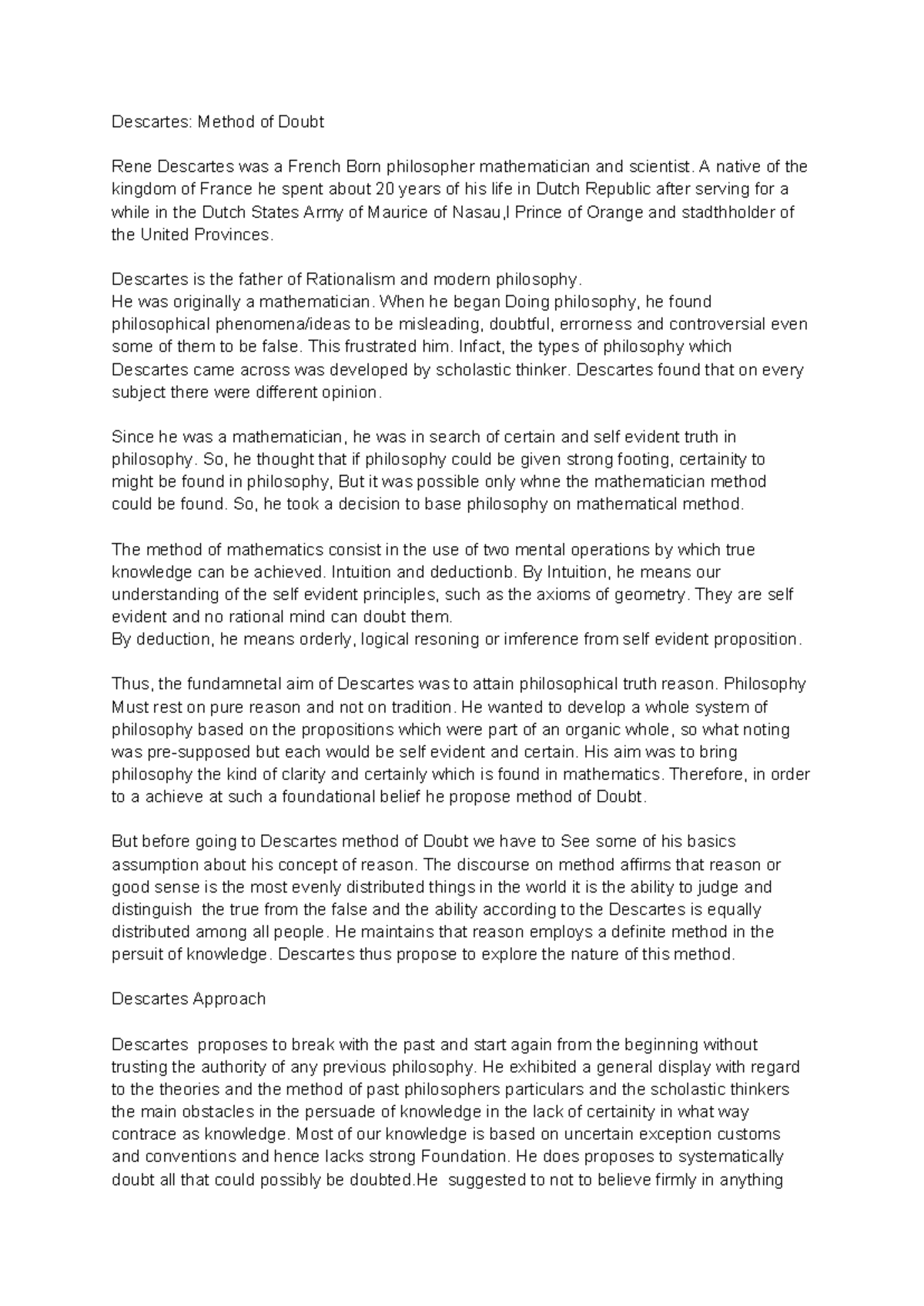 Descartes; western philosophy - Descartes: Method of Doubt Rene ...