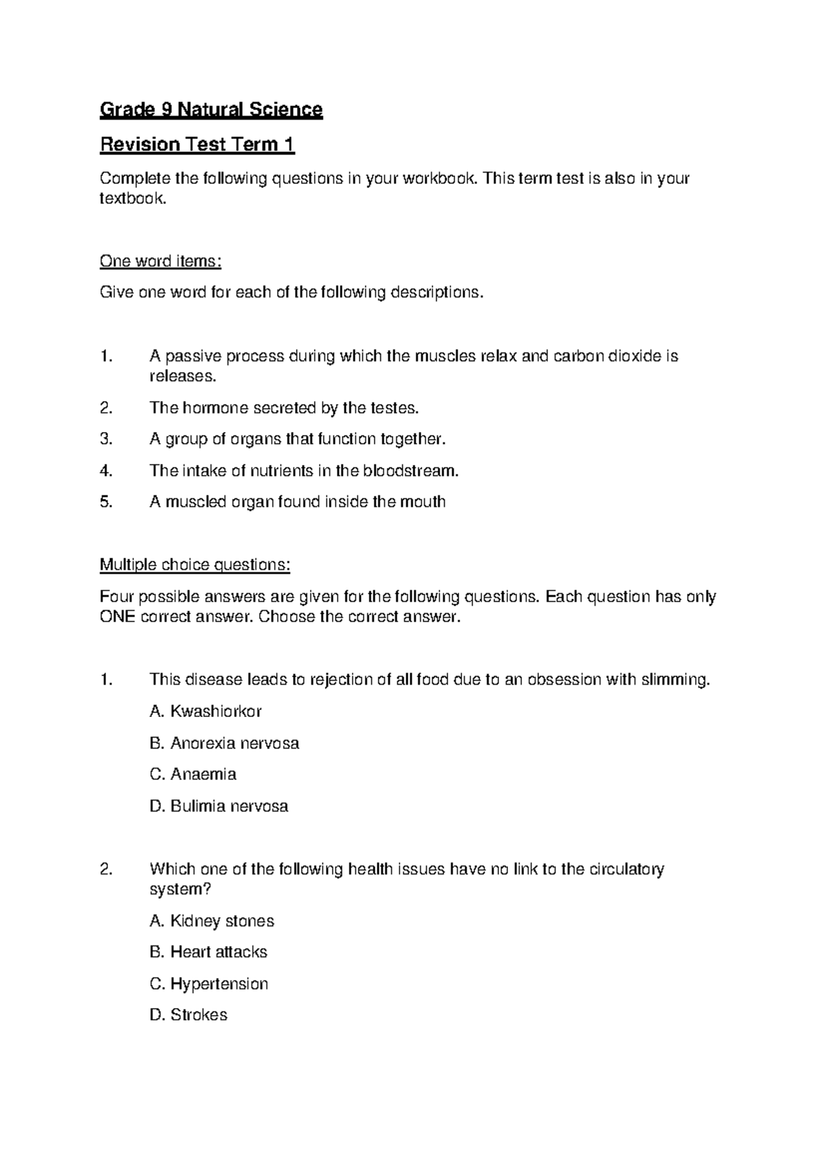 Gr9NS Revision exercise Term 1 - Grade 9 Natural Science Revision Test ...