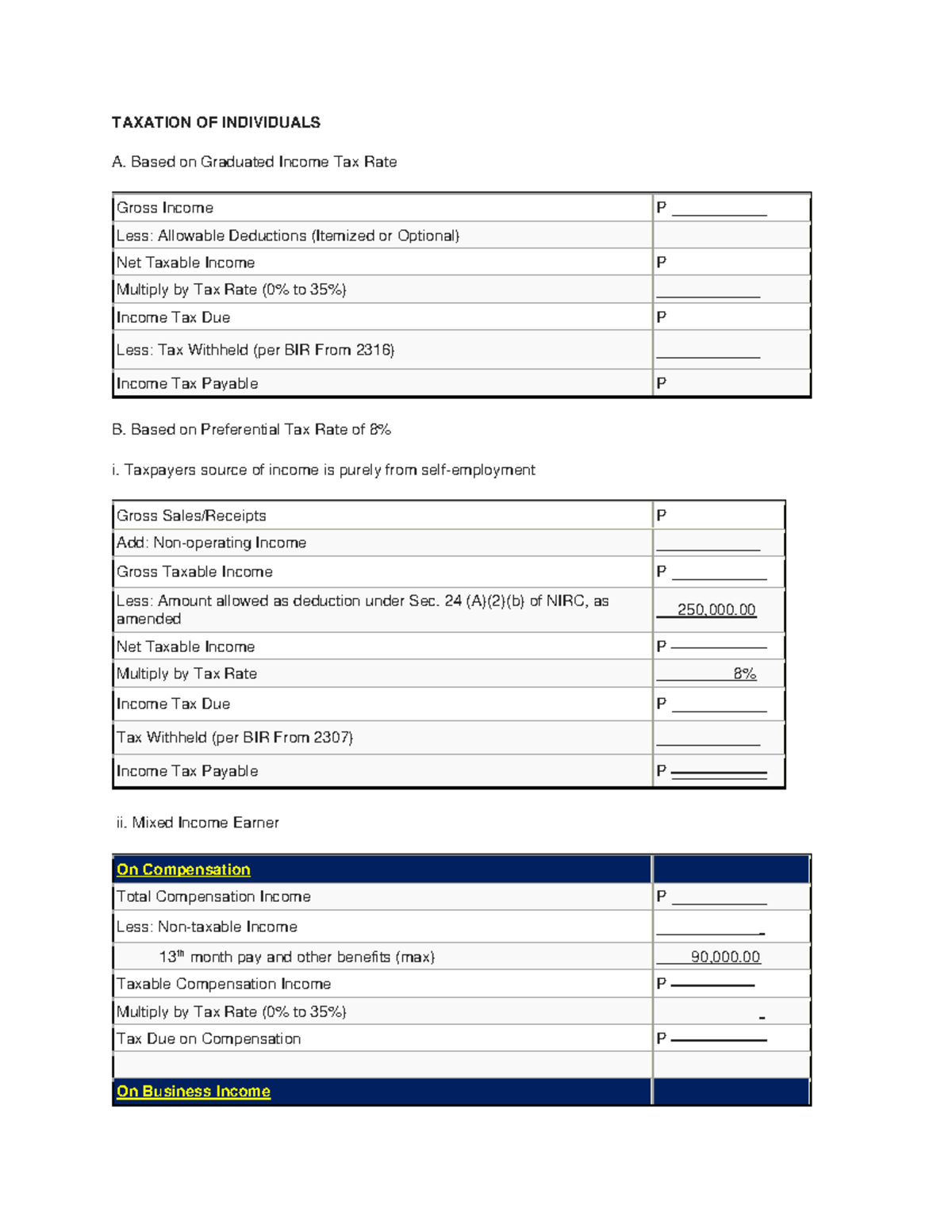 Reviewer on Taxation - TAXATION OF INDIVIDUALS A. Based on Graduated ...