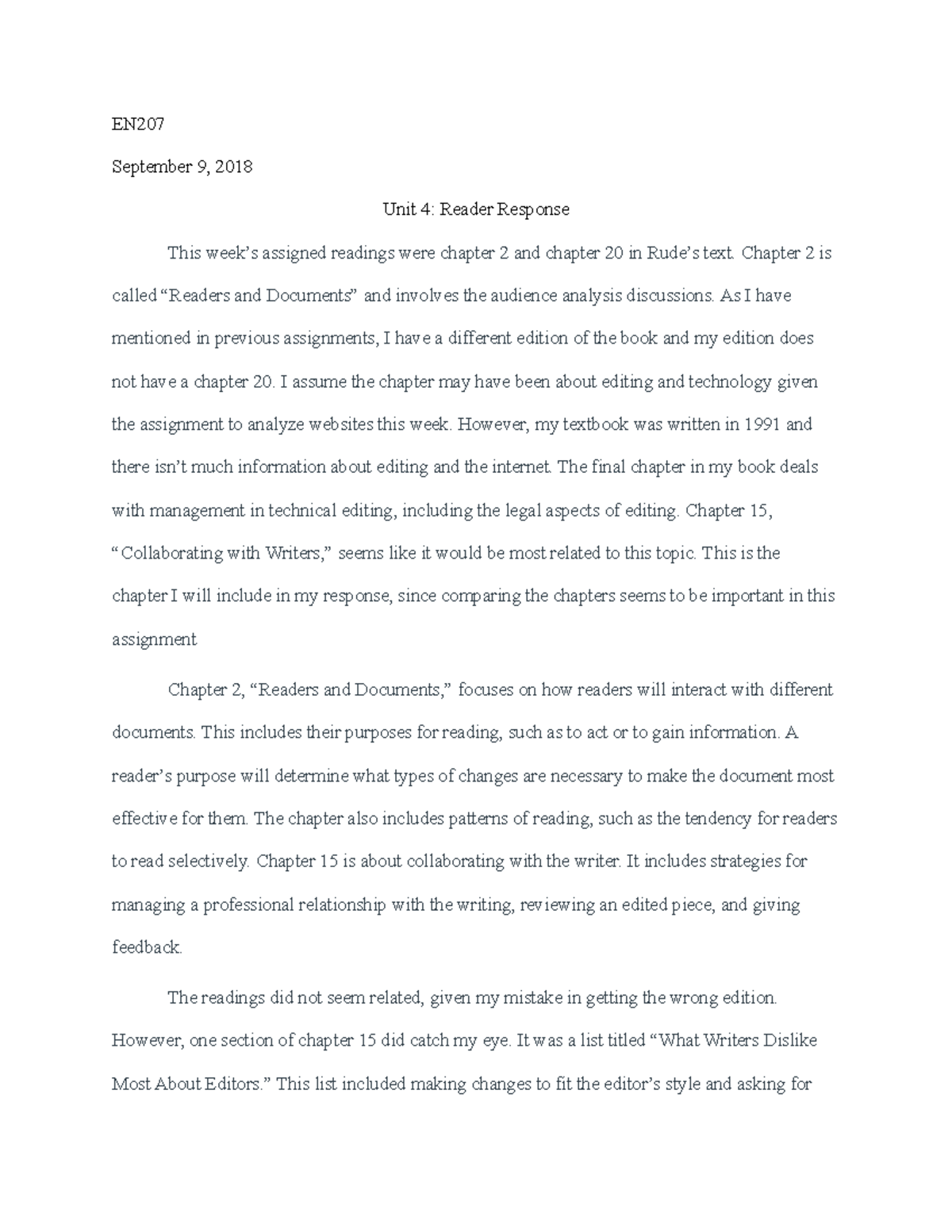 Unit 7 Reader Response - EN207 September 9, 2018 Unit 4: Reader ...