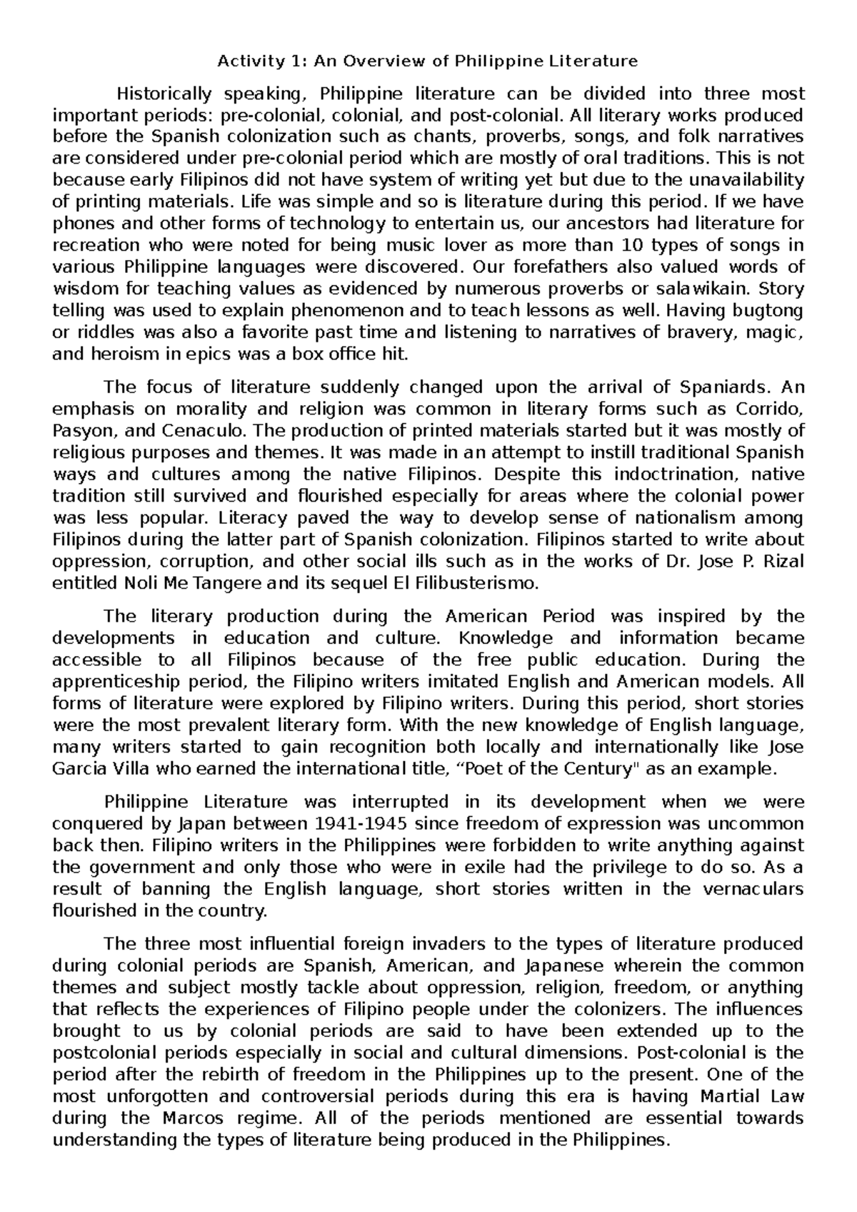 Overview OF THE PHIL Literature - Activity 1: An Overview of Philippine ...