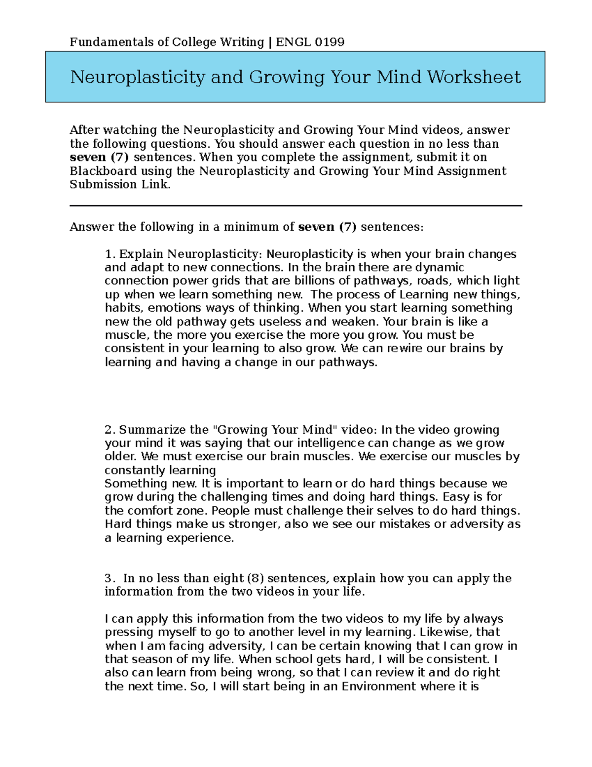 Fundamentals of College Writing Neuroplasticity and Growing Your Mind ...