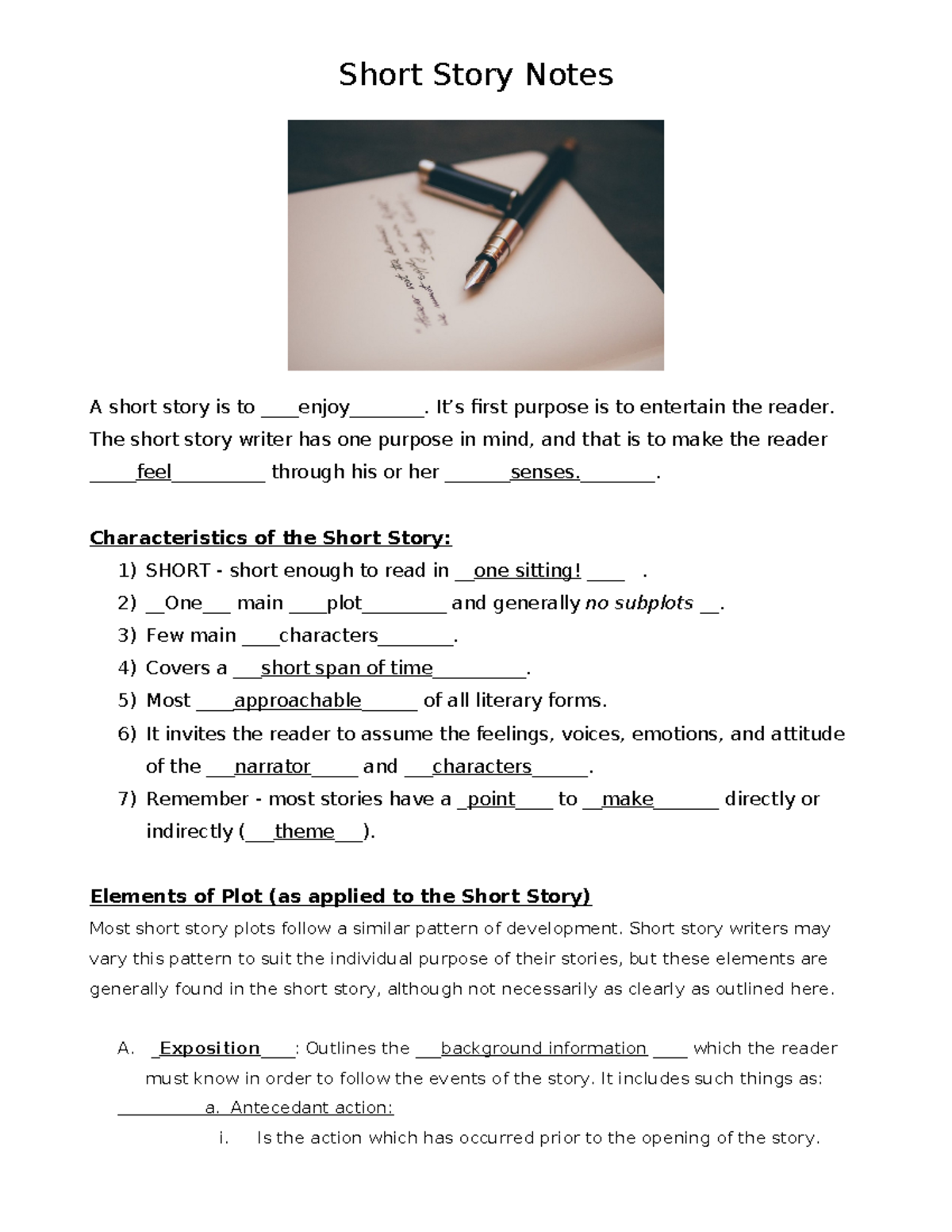 Short Story Notes - It’s first purpose is to entertain the reader. The ...