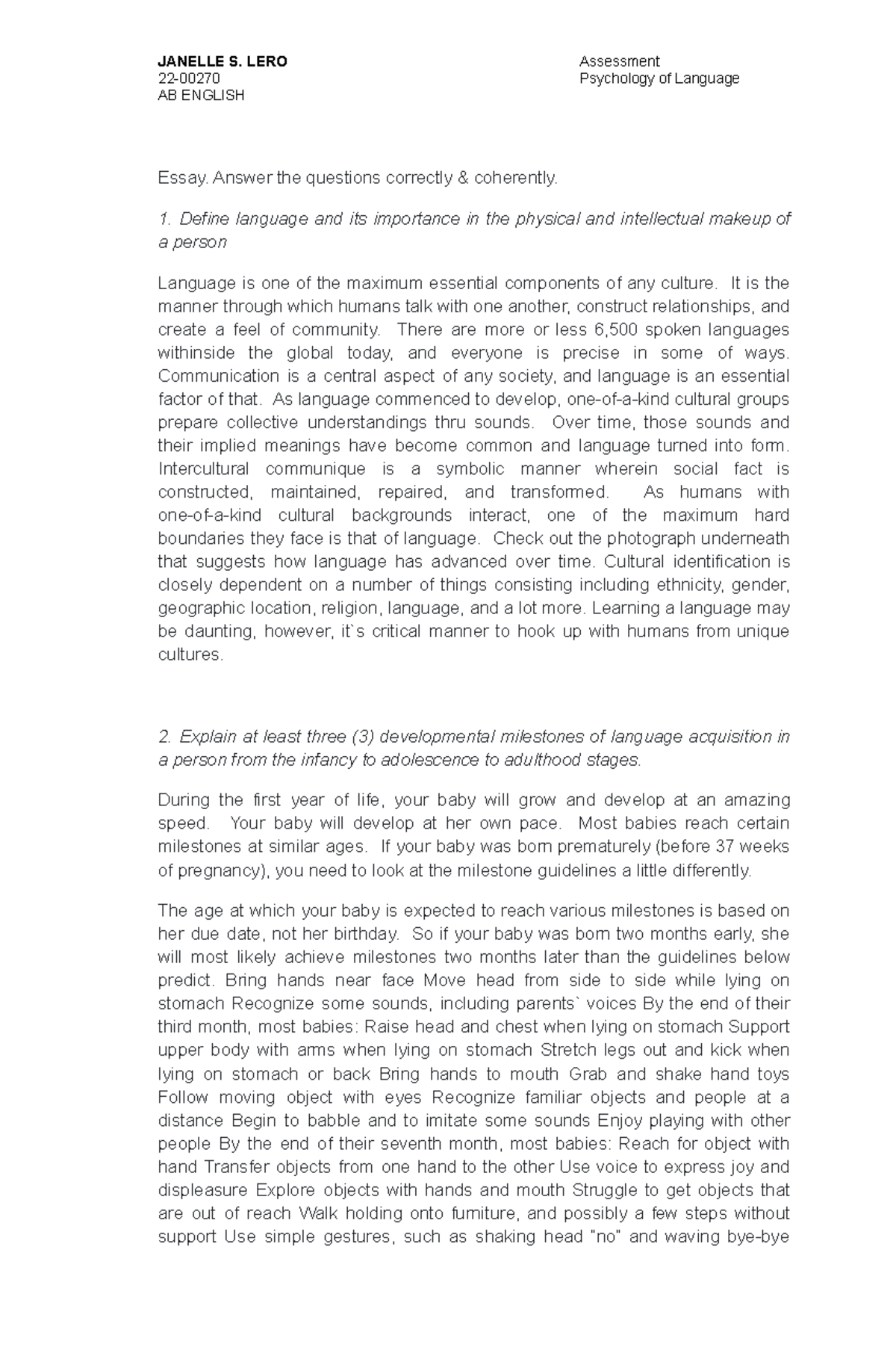 Psychology of Language Janelle Lero AB English - JANELLE S. LERO ...