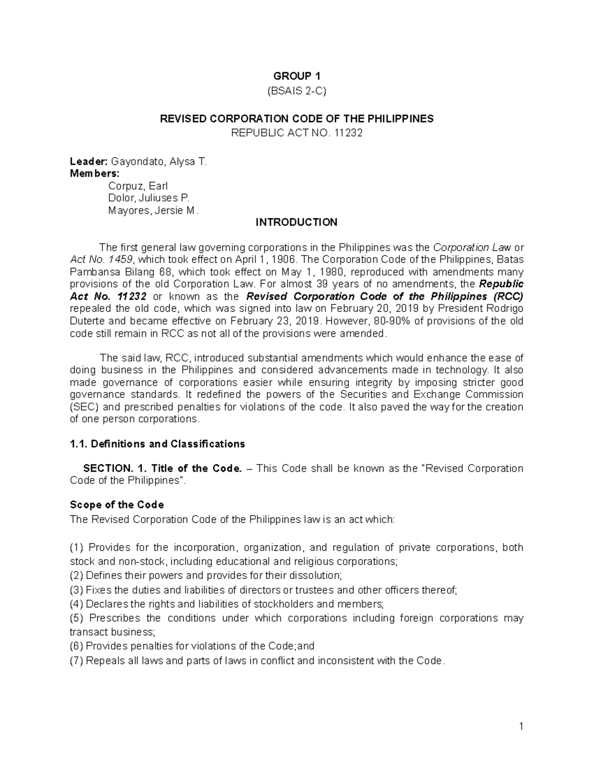 Corporation-CODE-OF-THE- Philippines- GROUP 1 (BSAIS 2-C) REVISED ...