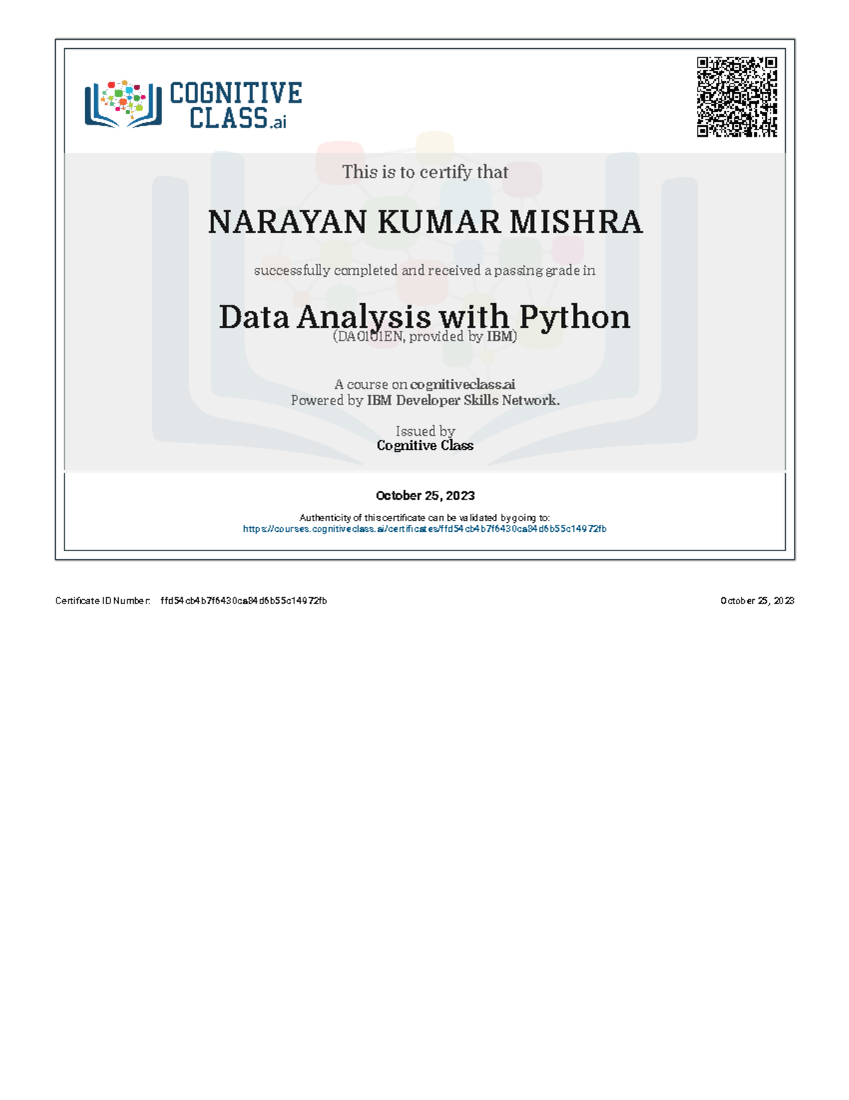 IBM DA0101EN Certificate Cognitive Class - Certificate ID Number ...