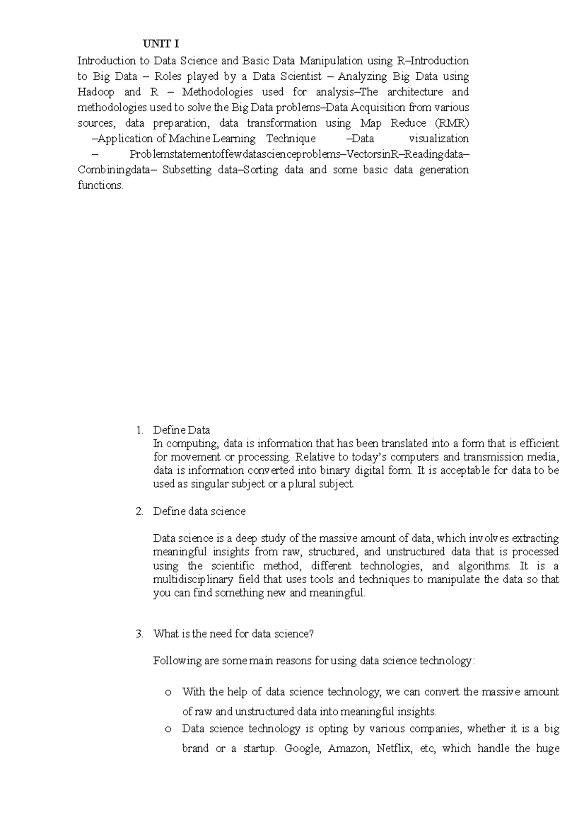 TWO MARK - Applied data science - UNIT I Introduction to Data Science and Basic Data ...