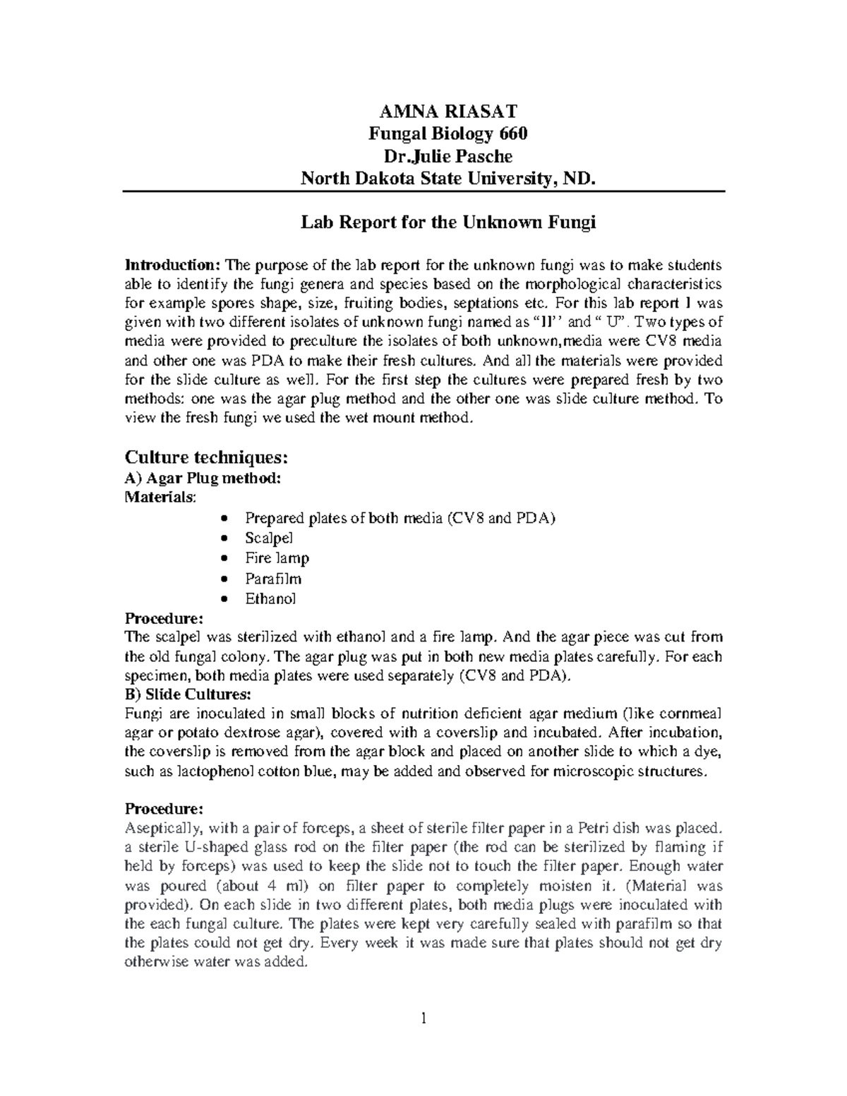 Amna-unknown fungi report- AMNA RIASAT Fungal Biology 660 Dr Pasche ...