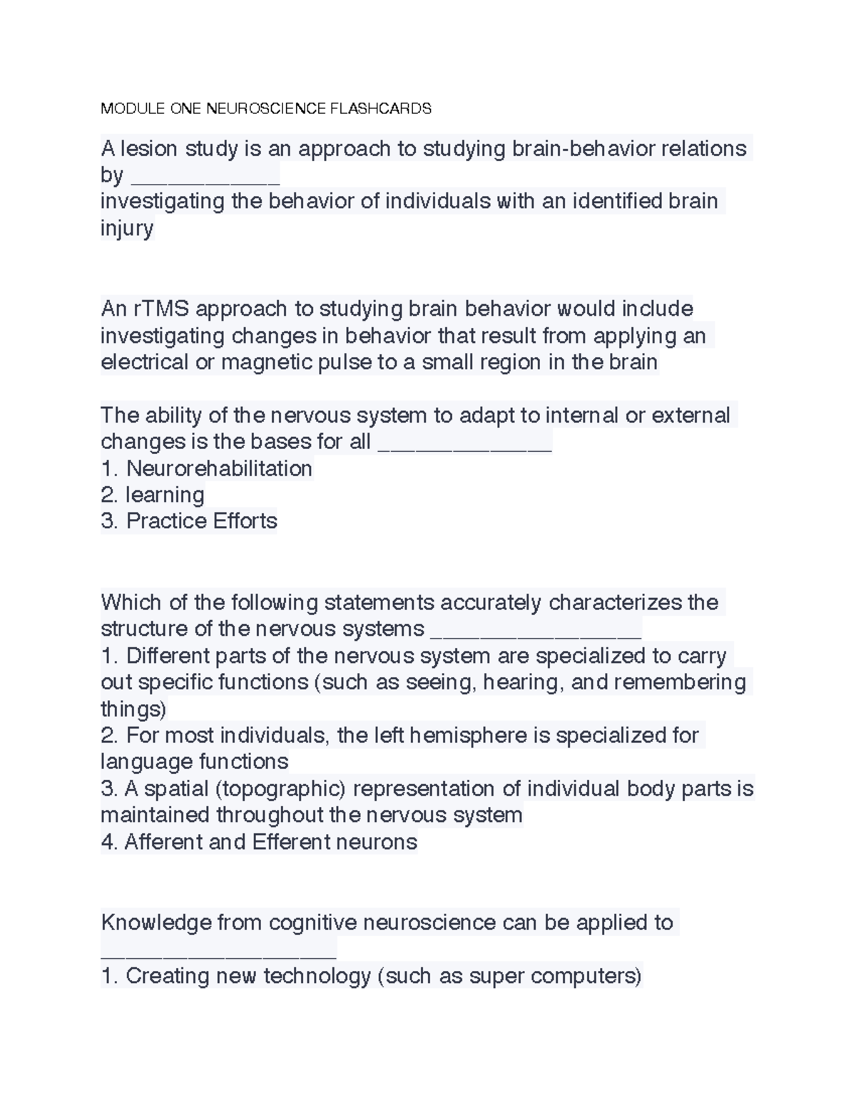 Module ONE Neuroscience Flashcards - MODULE ONE NEUROSCIENCE FLASHCARDS ...
