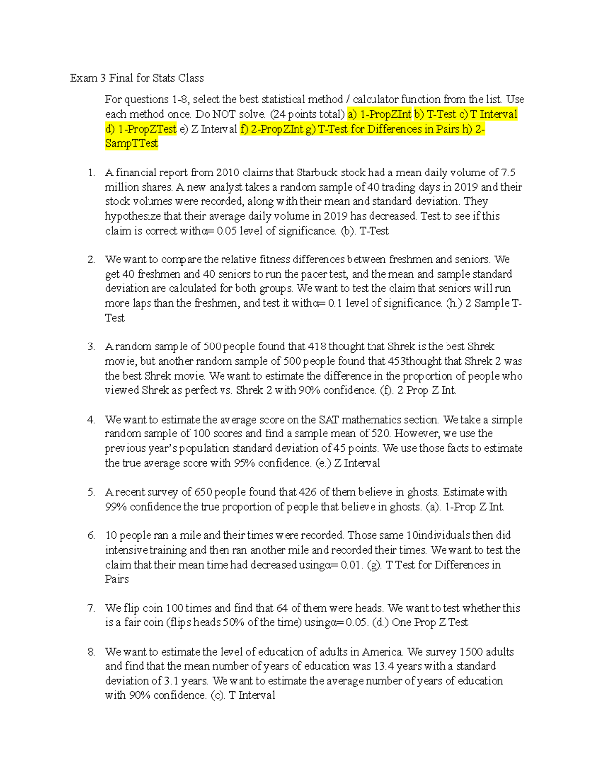 Exam 3 Final for Stats Class - Exam 3 Final for Stats Class For ...