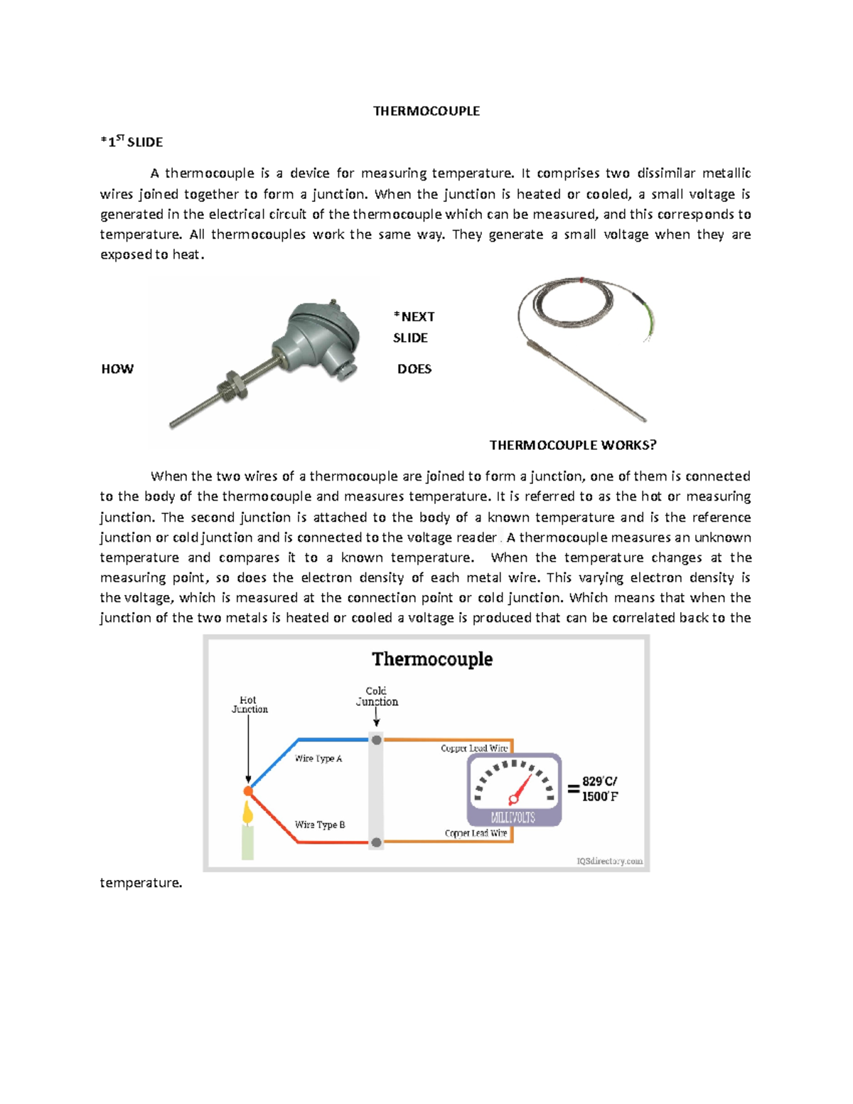 Thermocouple - school notes - THERMOCOUPLE *1ST SLIDE A thermocouple is ...