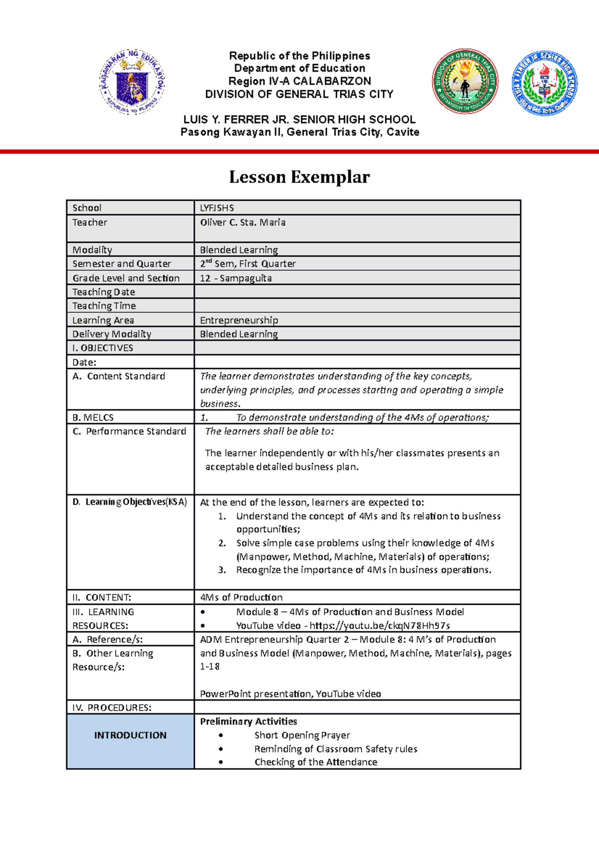 Entrep-LE-4Ms of Production - Department of Education Region IV-A ...