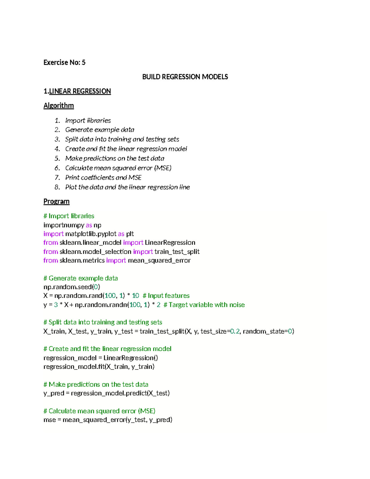 Experiment 5 Aiml Excercise Exercise No 5 Build Regression Models 1 Regression Algorithm 1