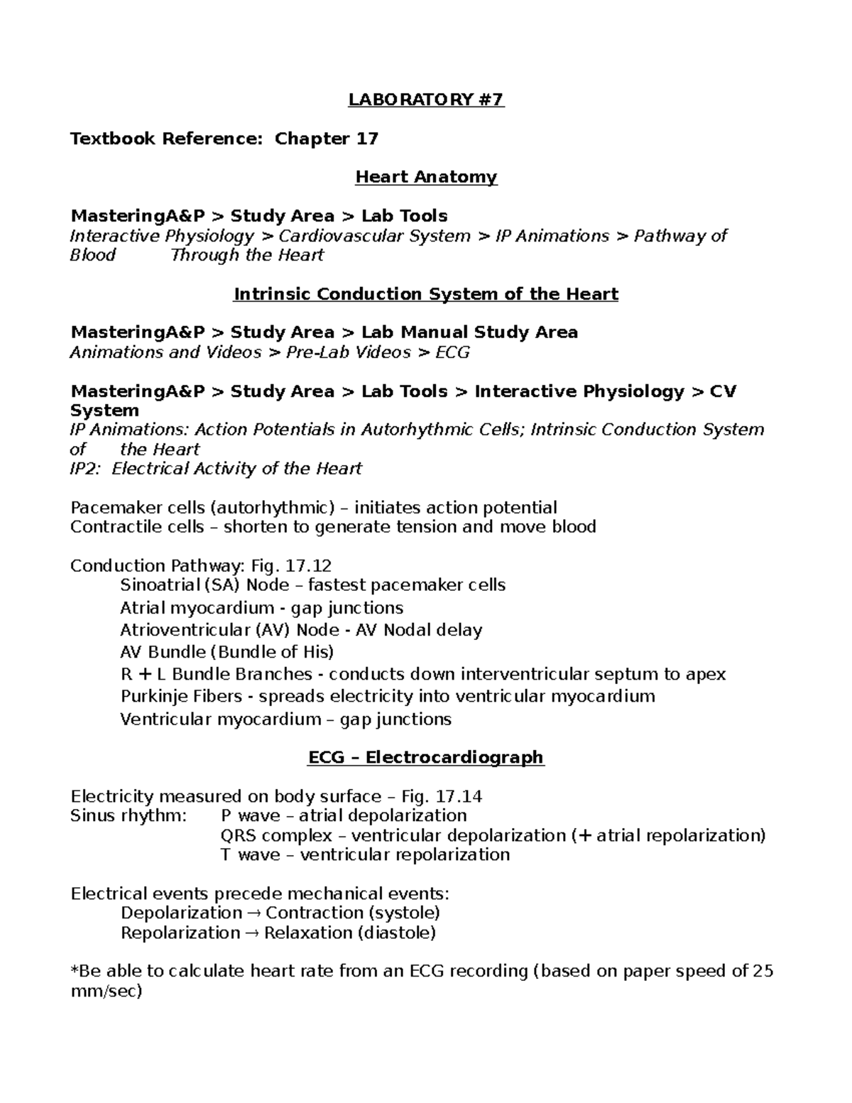 Biology 125 Lab #7 Physiology OF THE Heart - LABORATORY Textbook ...