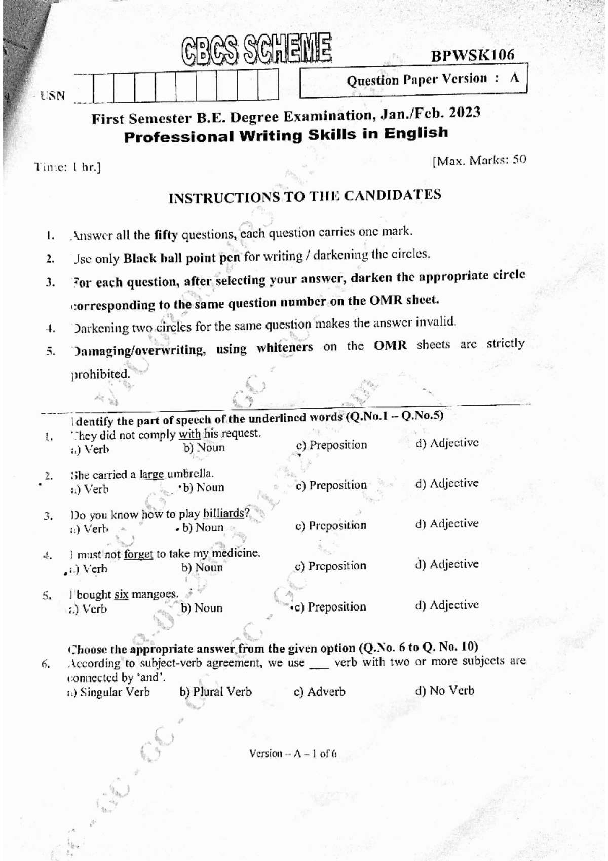 Pws-1 - CBCS SCHEME BPWSK106 Question Paper Version : A USN First ...