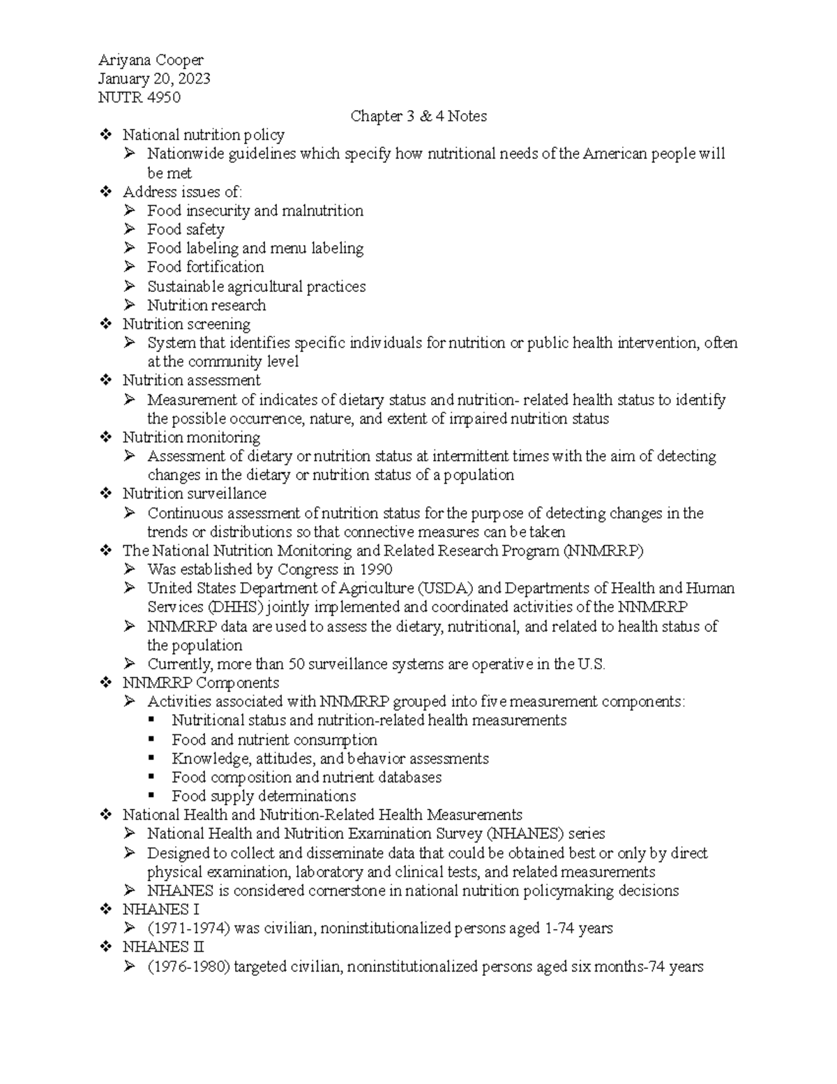 Chapter 3 and 4 Notes - January 20, 2023 NUTR 4950 Chapter 3 & 4 Notes ...