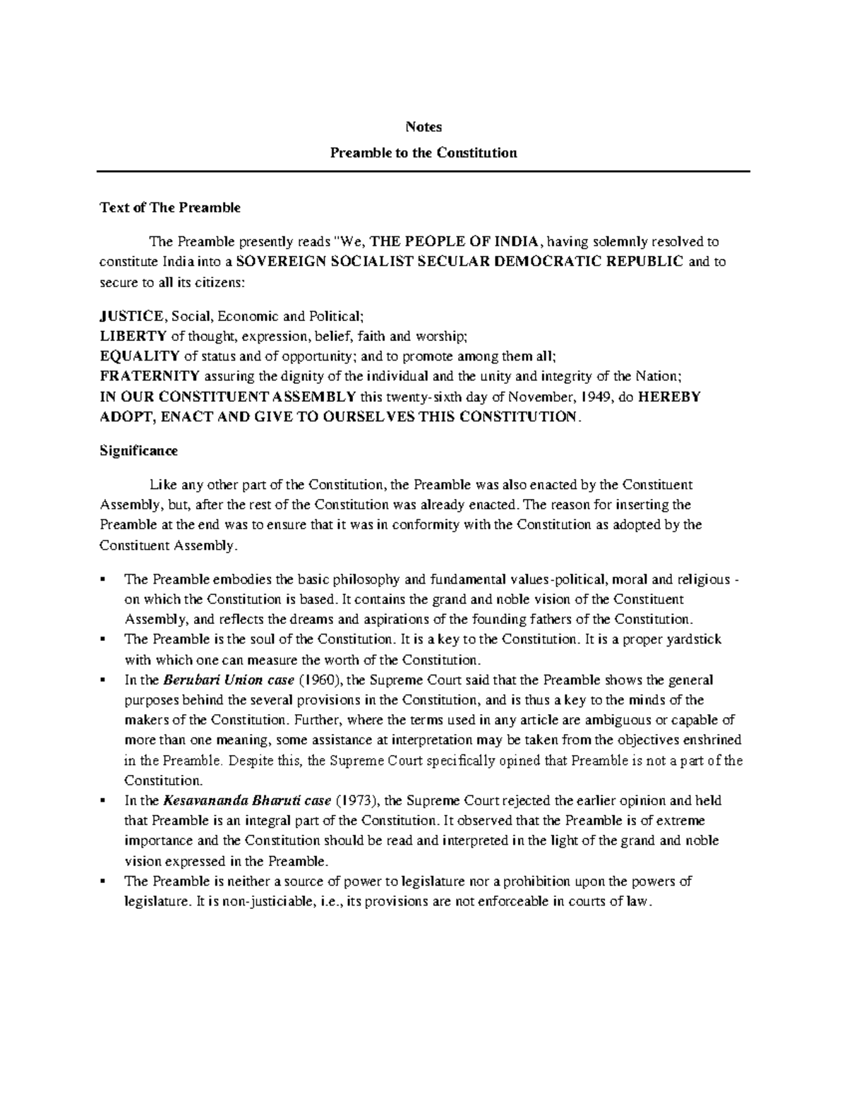 Notes-Preamble to the Constitution - Significance Like any other part ...