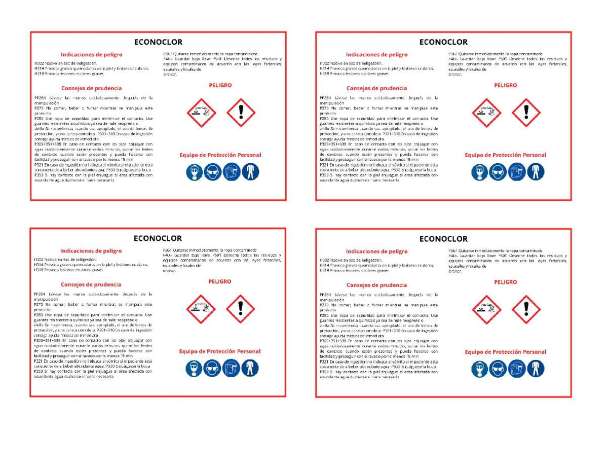 Etiquetas de Sustancias quimicas peligrosas - ECONOCLOR ECONOCLOR Indicaciones de peligro P361 ...