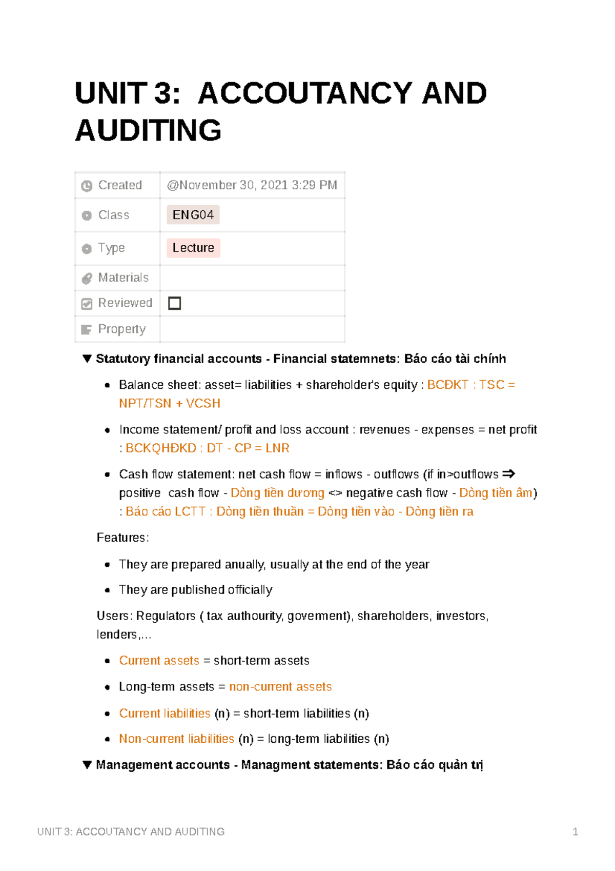 UNIT 3 - ACCOUNTACY AND AUDITING, BÀI 3: HOẠT ĐỘNG KẾ TOÁN VÀ KIỂM TOÁN ...