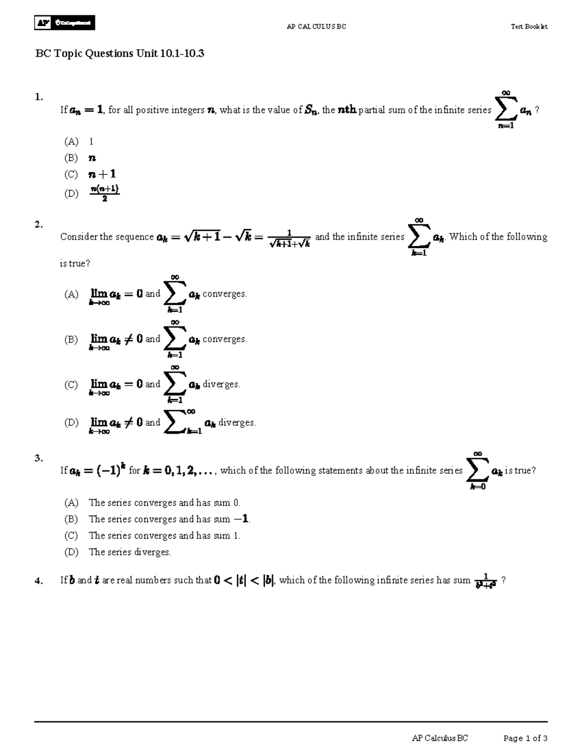 BC Topic Questions 10 - calculus 2 - If , for all positive integers ...