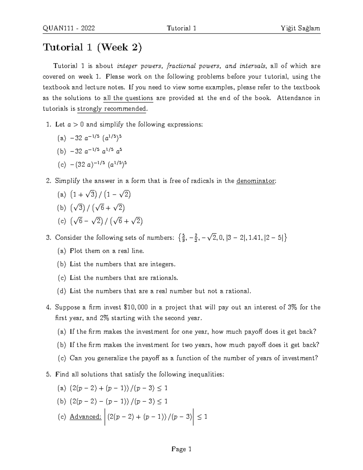 Quan111 2022 2 tut1 - Tut Work - QUAN111 - 2022 Tutorial 1 Yi ̆git Sa ...