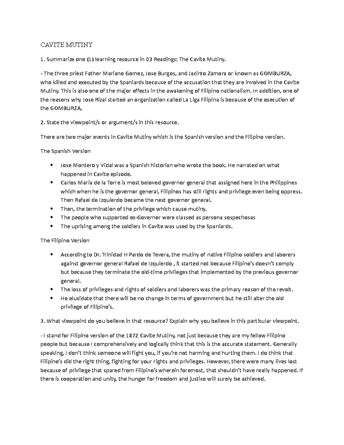 Cavite Mutiny - Educational purposes - CAVITE MUTINY Summarize one (1) learning resource in 03 ...