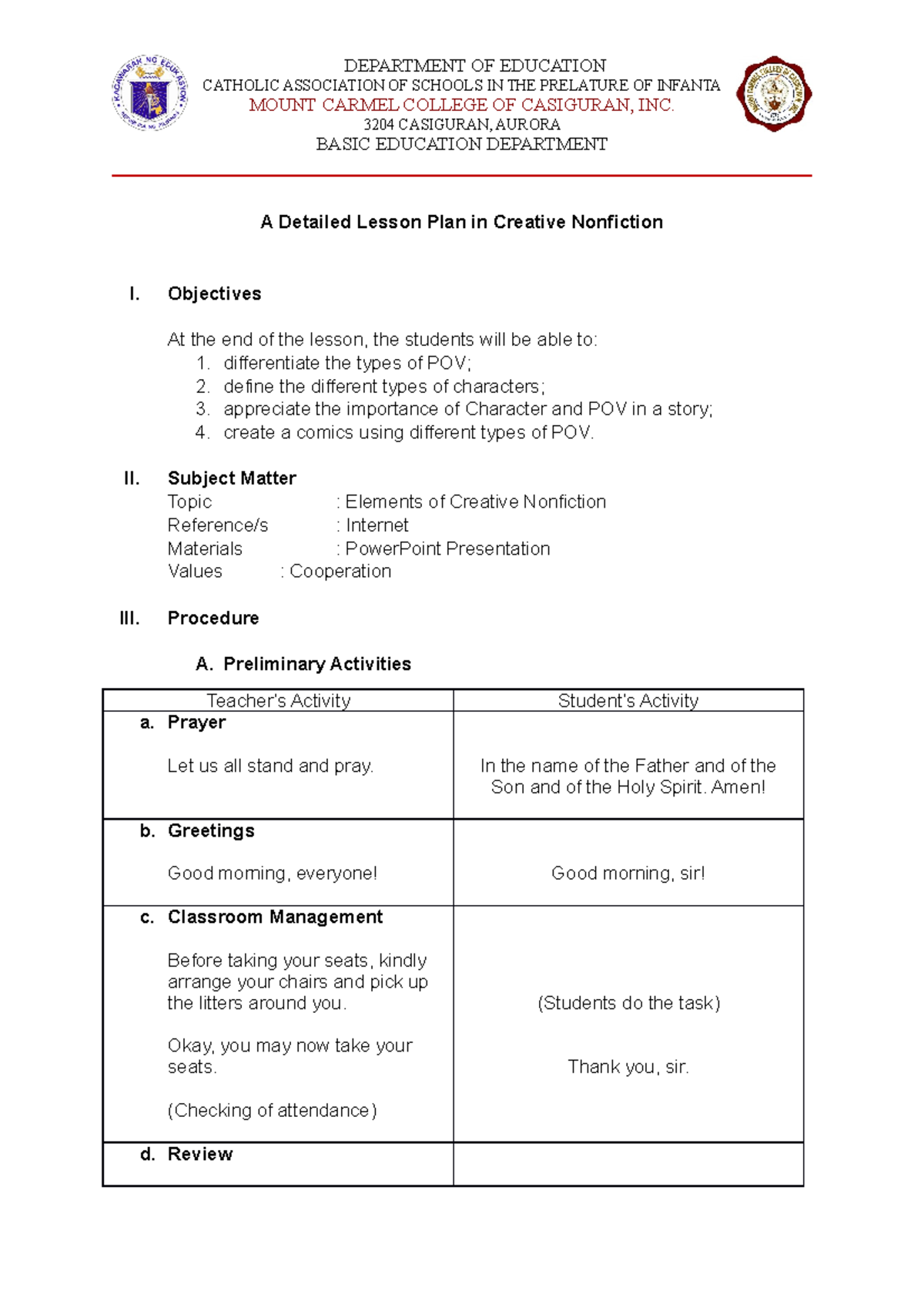 Lesson 3 - For creative writing - CATHOLIC ASSOCIATION OF SCHOOLS IN ...