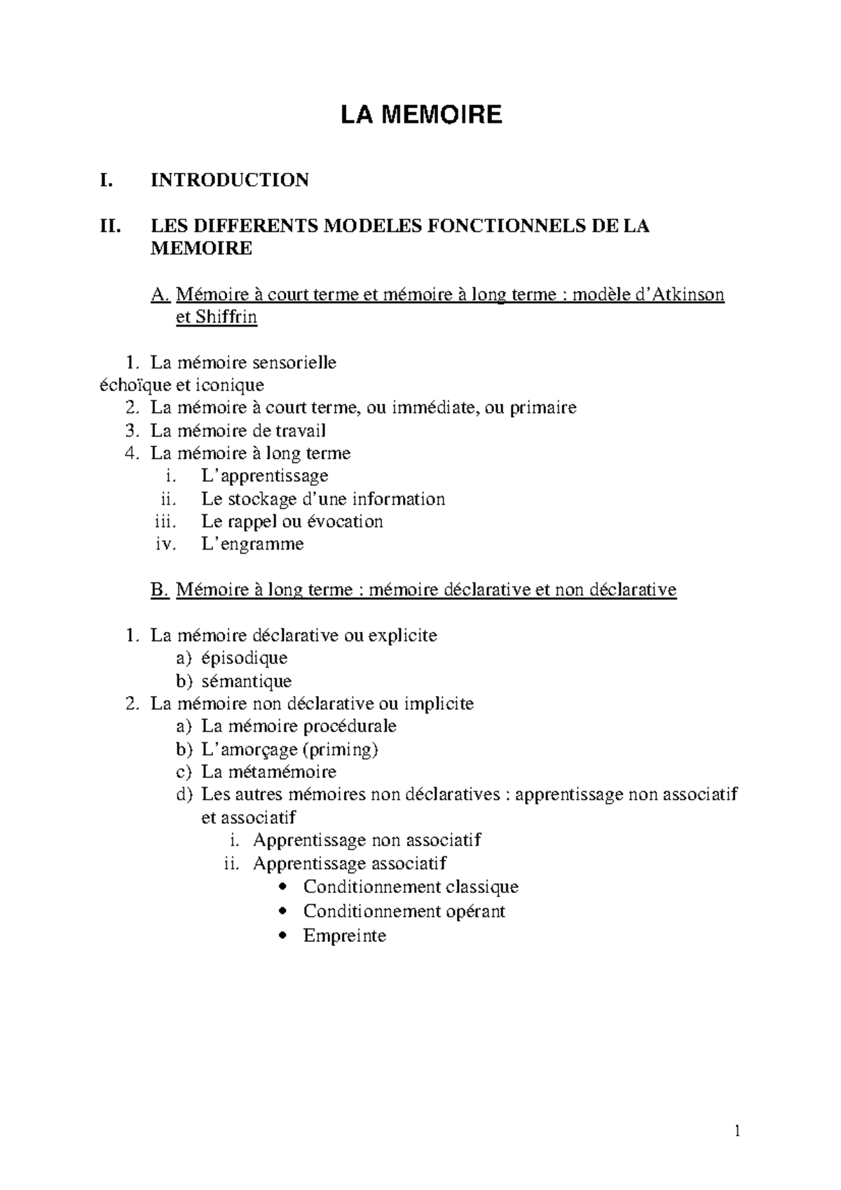 Memoire - LA MEMOIRE I. INTRODUCTION II. LES DIFFERENTS MODELES ...