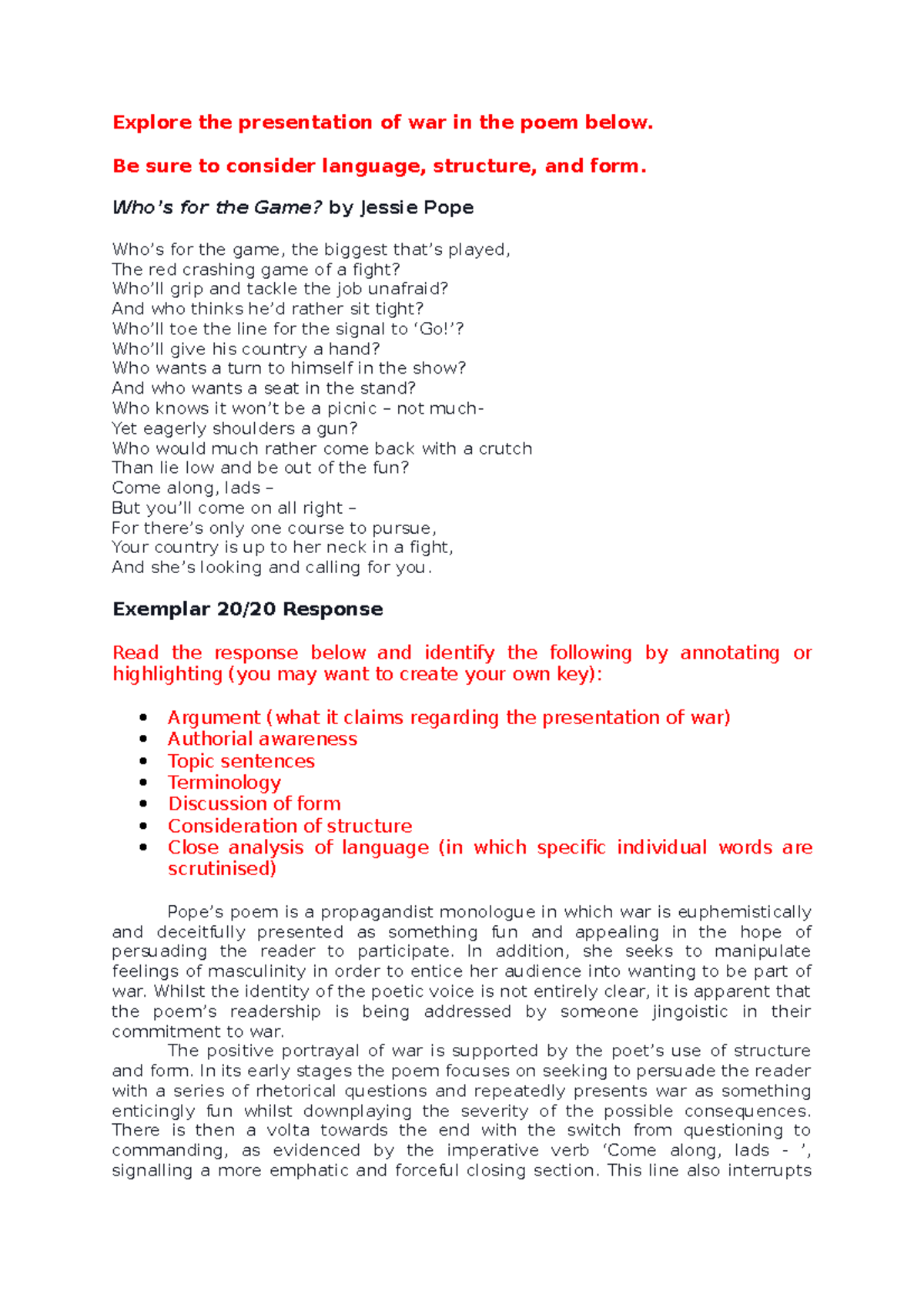 Exemplar Unseen Poetry Response - Explore the presentation of war in ...