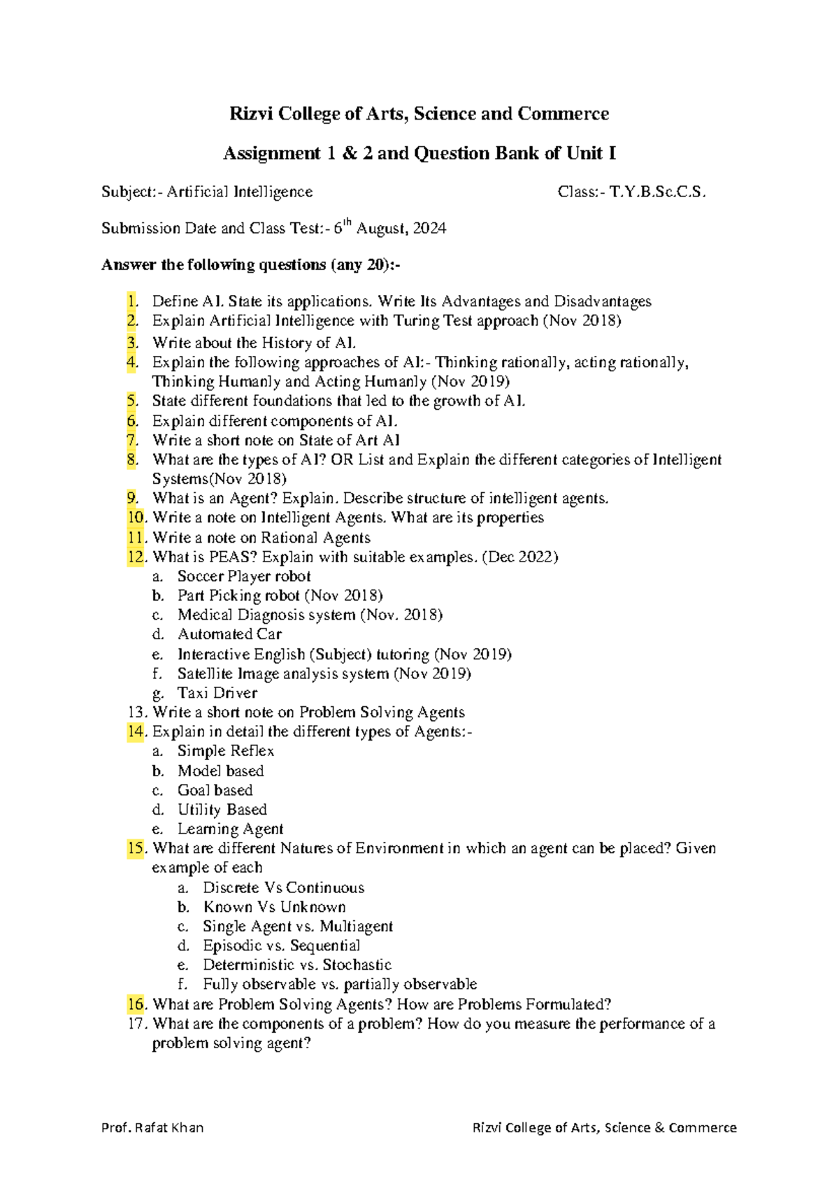 Artificial Intelligence Assignment - Prof. Rafat Khan Rizvi College of ...