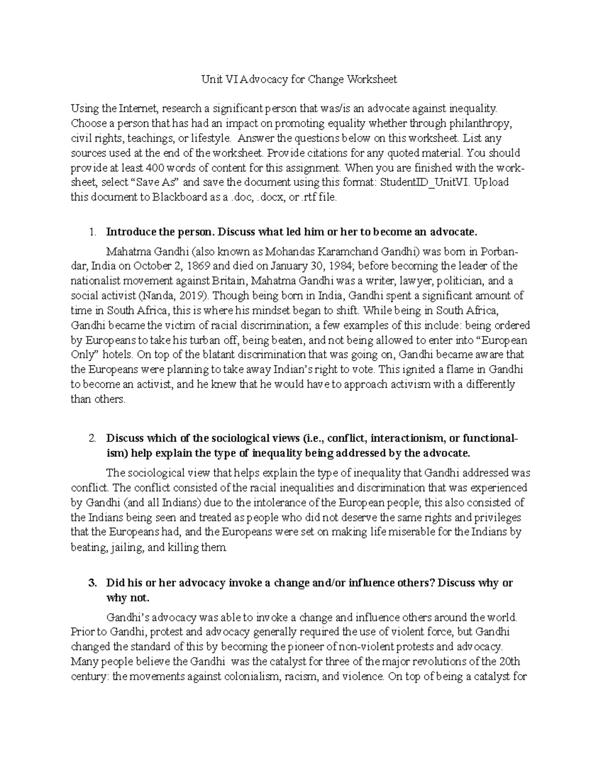 Unit VI - Advocacy for change worksheet - Unit VI Advocacy for Change ...