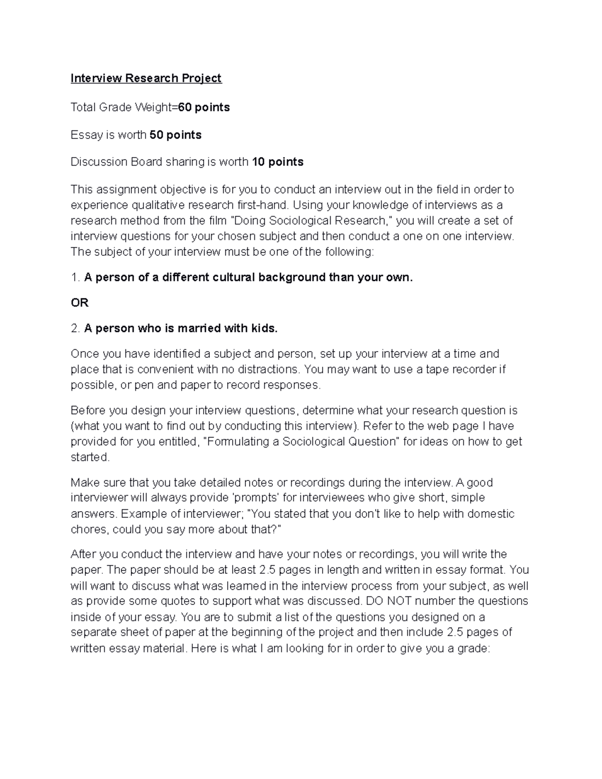 Interview Assignment - Interview Research Project Total Grade Weight=60 ...