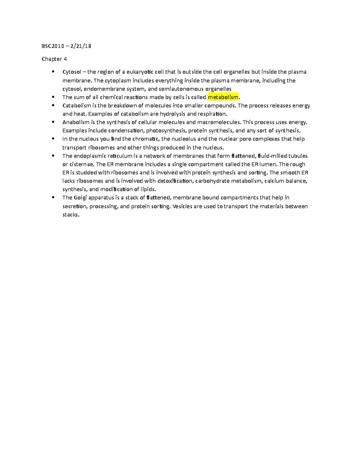 2 21 18 cell structure - Lecture notes 6 - BSC2010 – 2/21/18 Chapter 4 ...