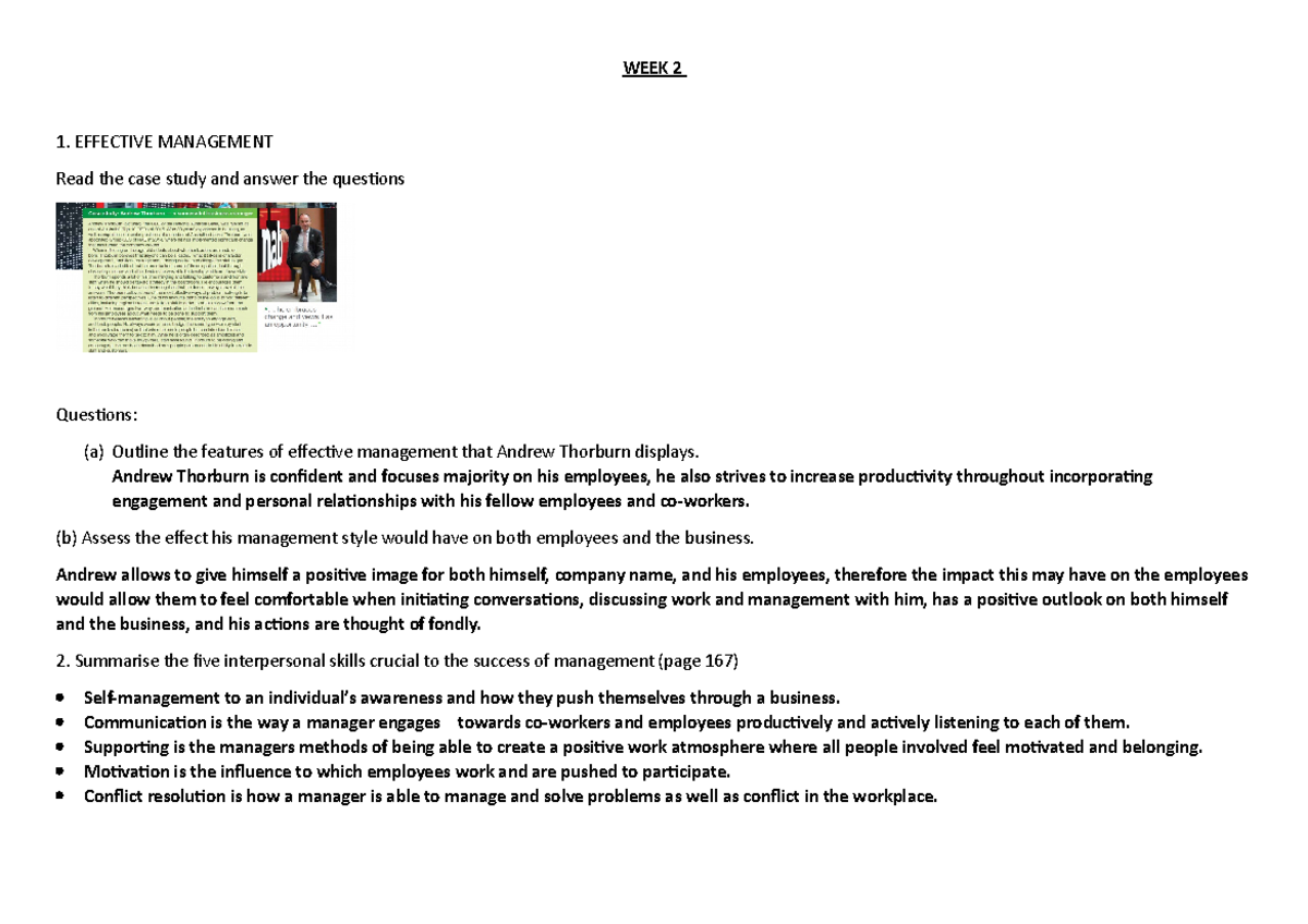 Buisness week 2 - class work - WEEK 2 1. EFFECTIVE MANAGEMENT Read the case study and answer the ...