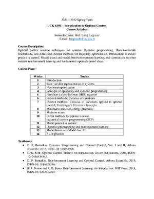 Term Project - UCK 439E – Introduction to Optimal Control: Term Project ...