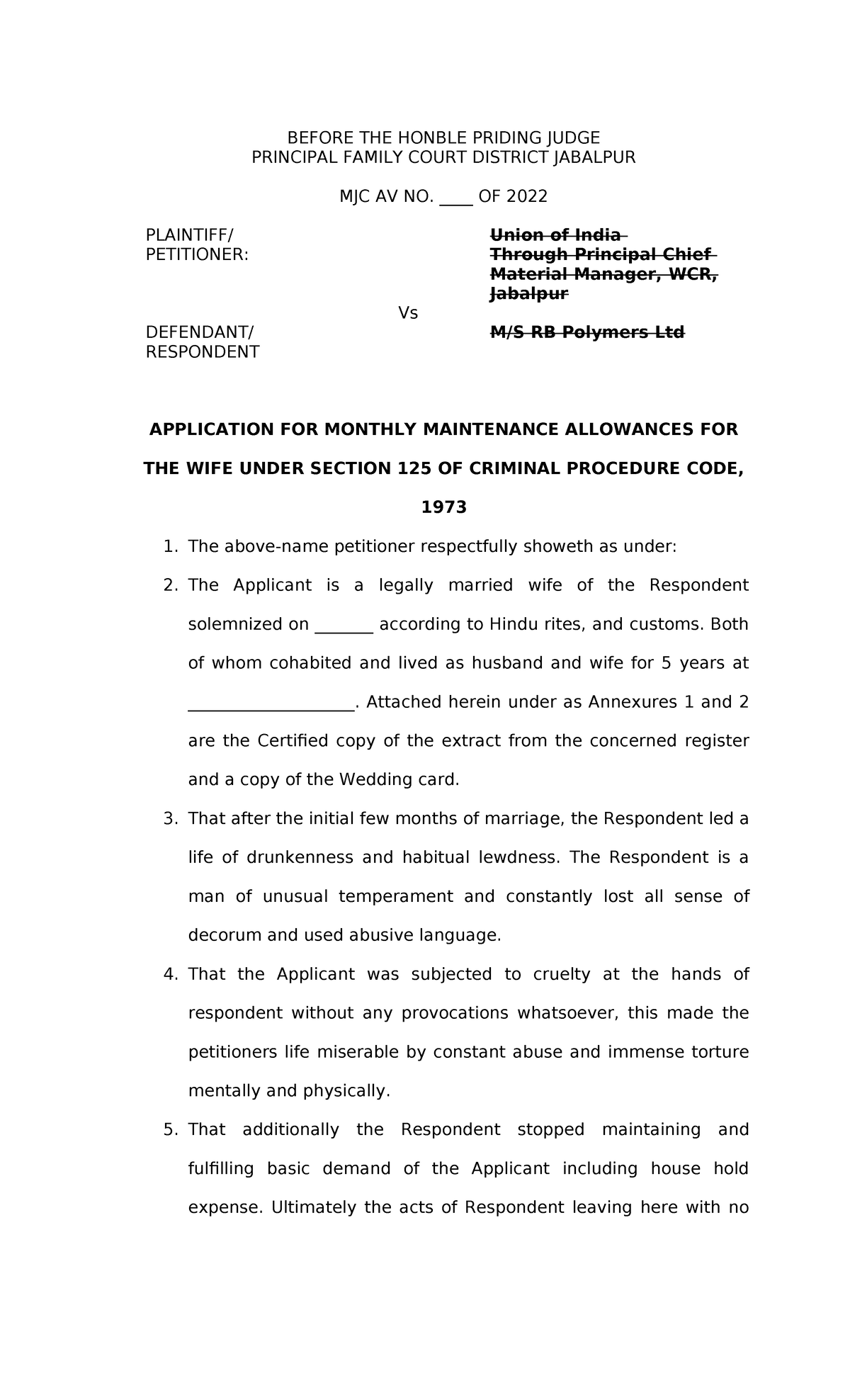 125 Crpc Draft with affidavit - BEFORE THE HONBLE PRIDING JUDGE ...