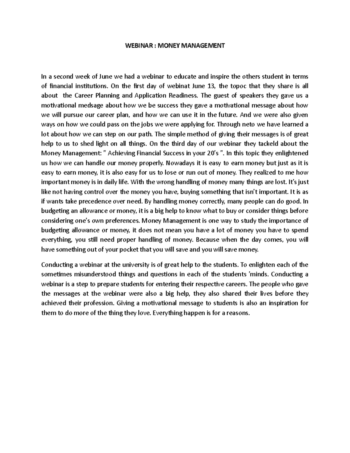 Money Management - WEBINAR : MONEY MANAGEMENT In a second week of June ...