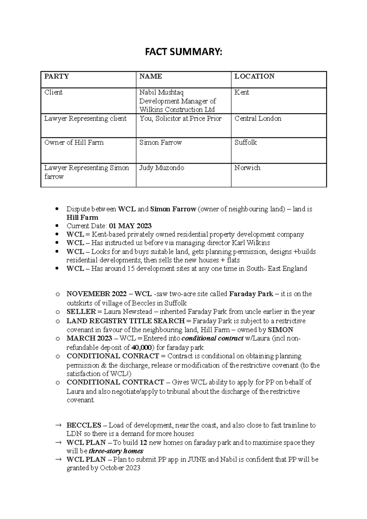 FACT Summary NCA - FACT SUMMARY: PARTY NAME LOCATION Client Nabil ...