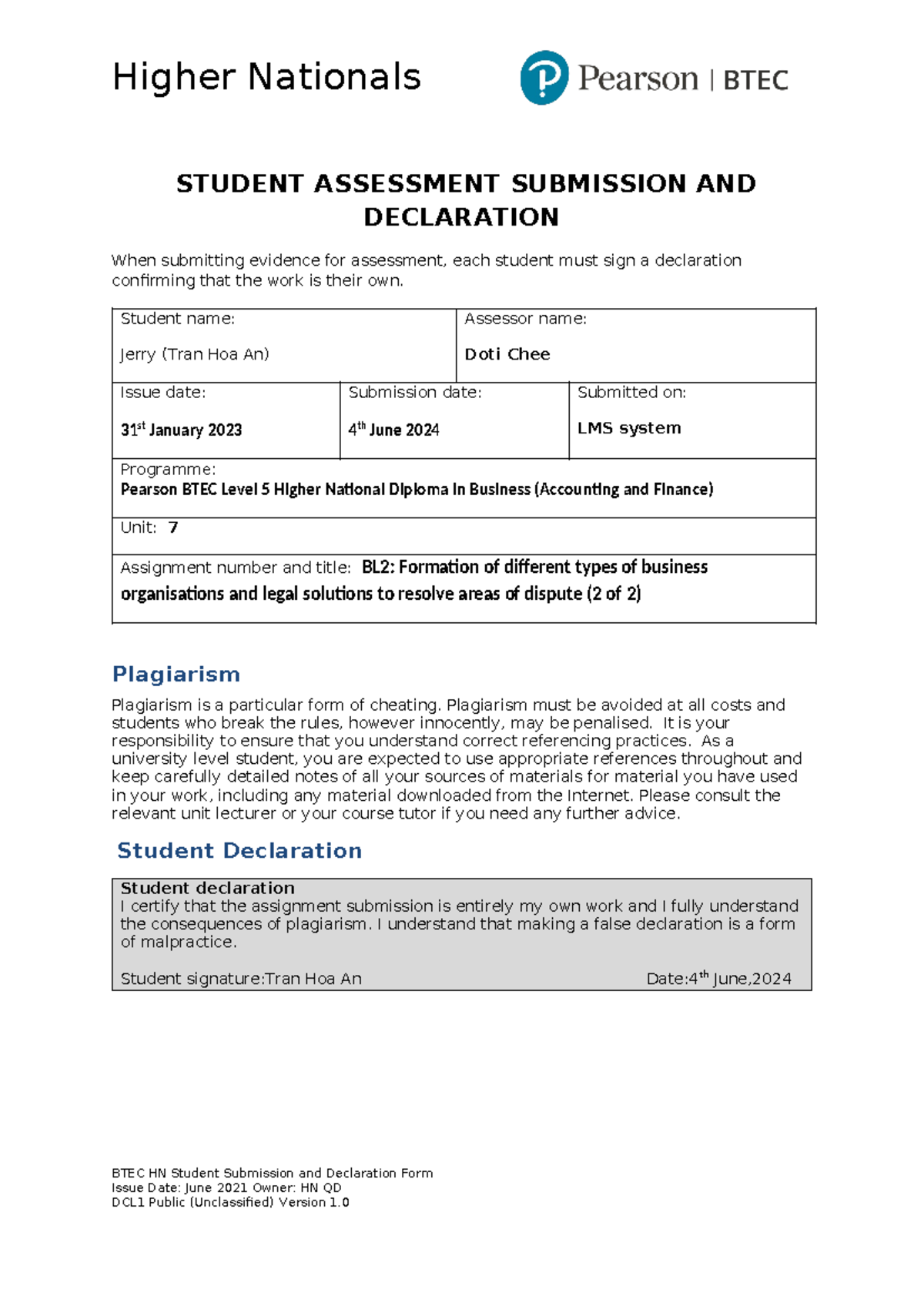 A2 Student-Assessment-Submission-and-Declaration - Higher Nationals STUDENT ASSESSMENT ...