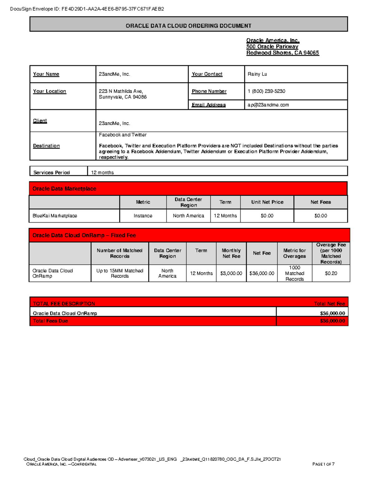 Data Cloud Ordering Document, General Terms and Schedule D - Oracle ...