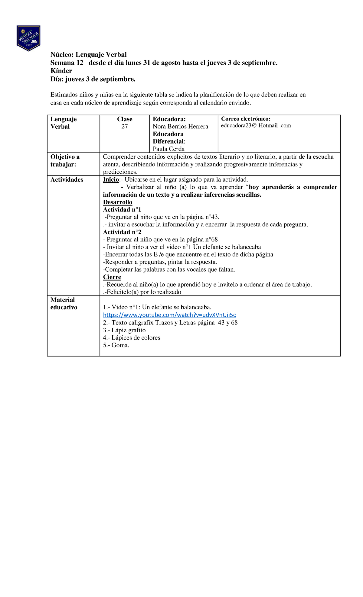 Lenguaje Verbal 2 semana 12 - Núcleo: Lenguaje Verbal Semana 12 desde el día lunes 31 de agosto ...