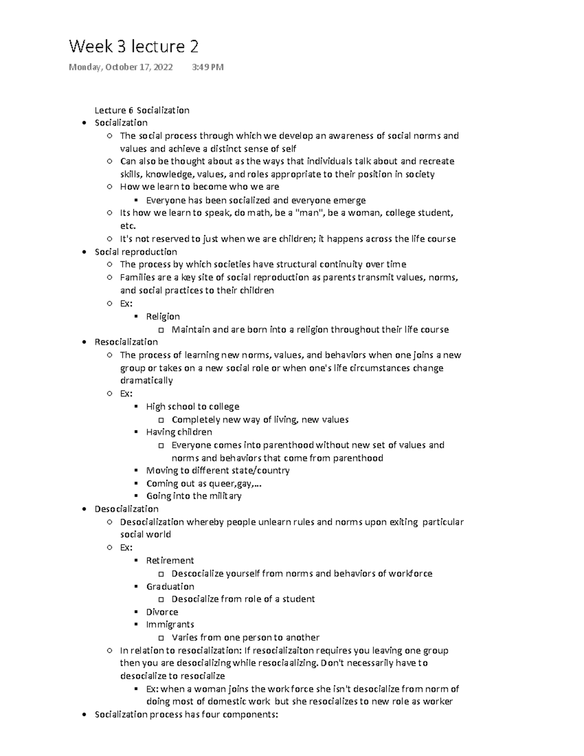 Soc 1 Lecture 6 - Lecture 6 Socialization Socialization The social ...