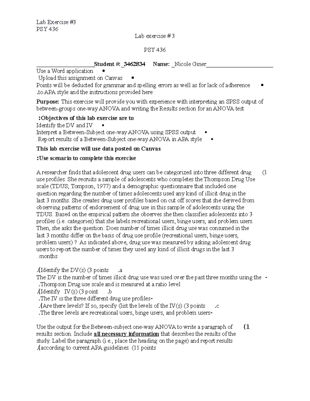 Revised lab exercise 3 Between Subject One-Way Anova - Lab Exercise # PSY 436 Lab exercise # 3 ...