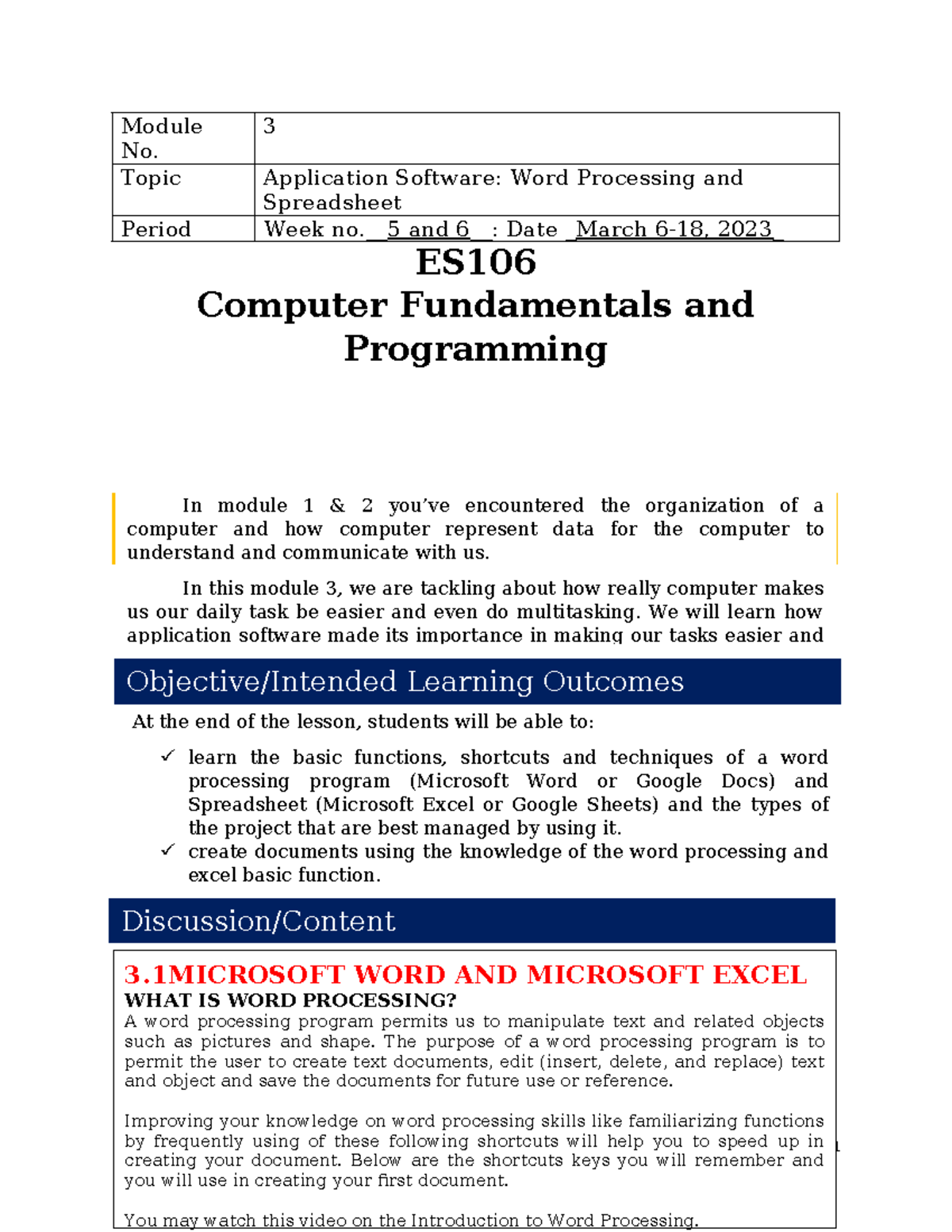 ES106 CFP Module 3 Application Software Word Processing and Spreadsheet - Module No. 3 Topic ...