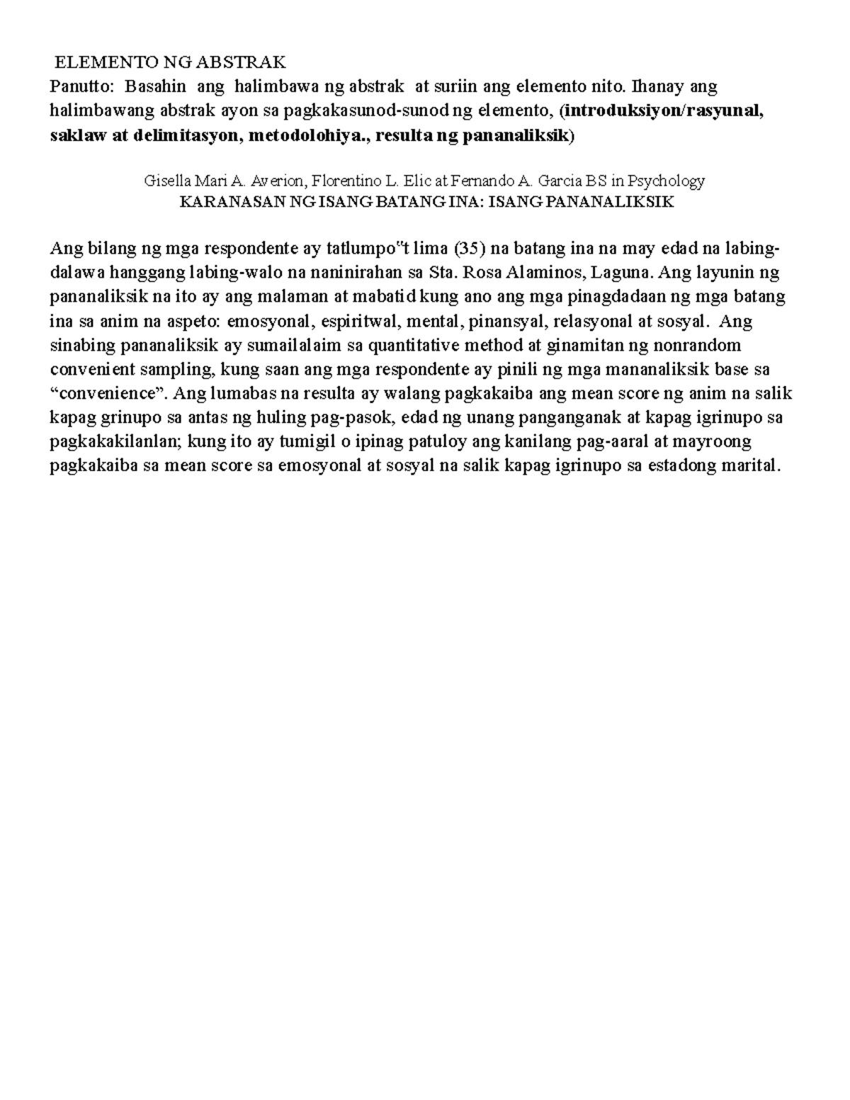 Gawain # 3- Abstrak - notes - ELEMENTO NG ABSTRAK Panutto: Basahin ang ...