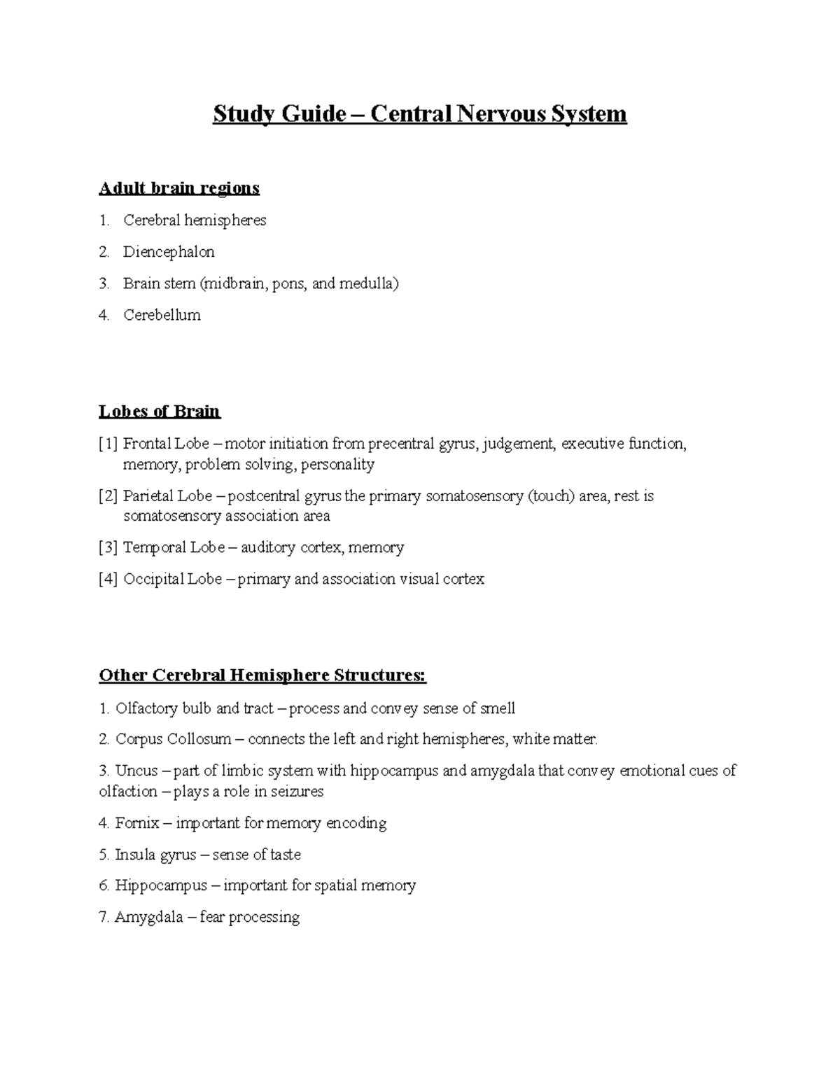 Central Nervous System - Study Guide – Central Nervous System Adult ...