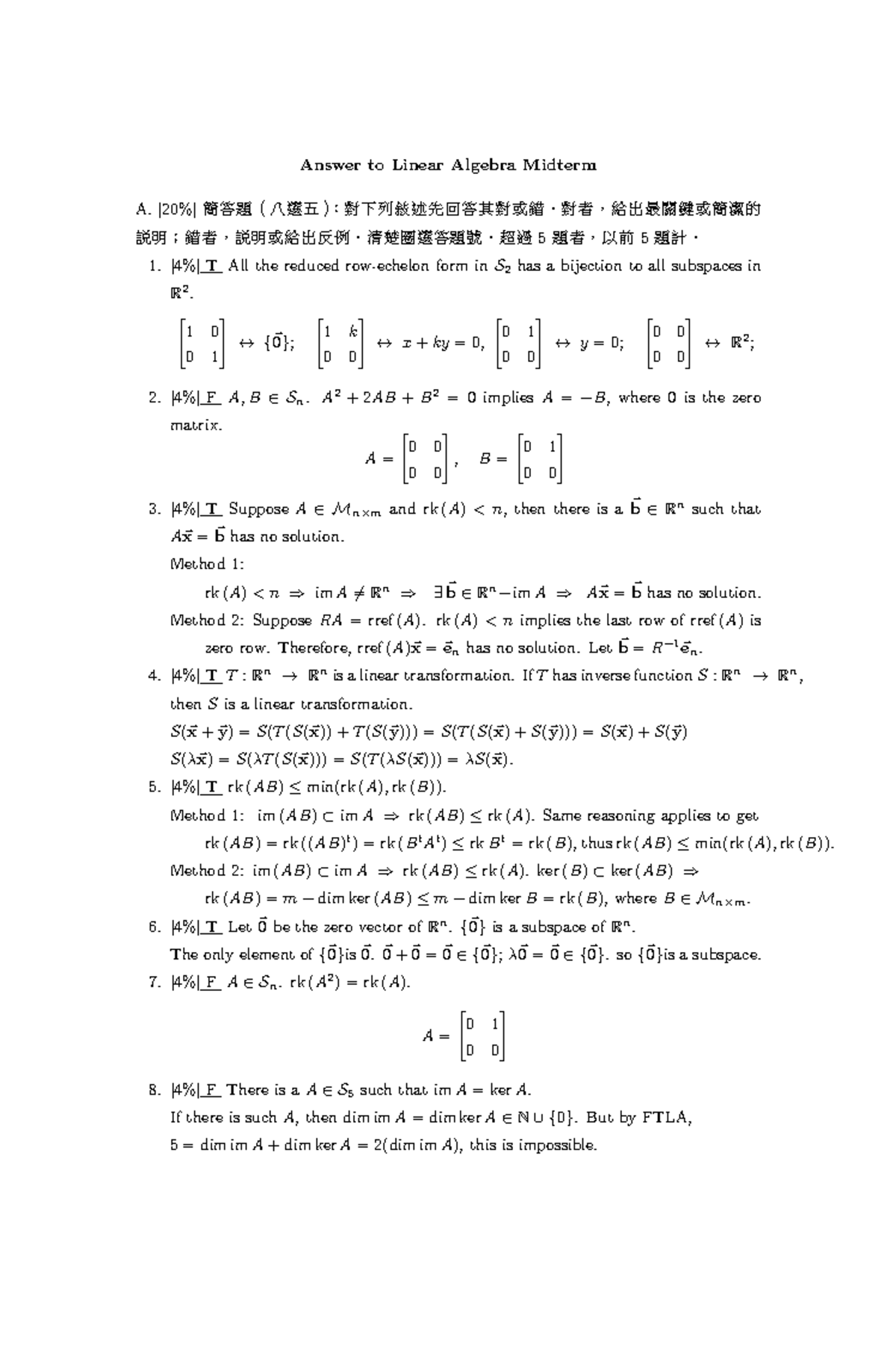 Midterm exam 23 November 2017, questions and answers - Answer to Linear Algebra Midterm A. [20% ...