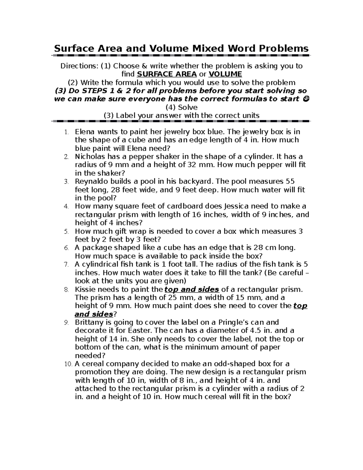 Surface Area and Volume Mixed Word Problems - Surface Area and Volume ...