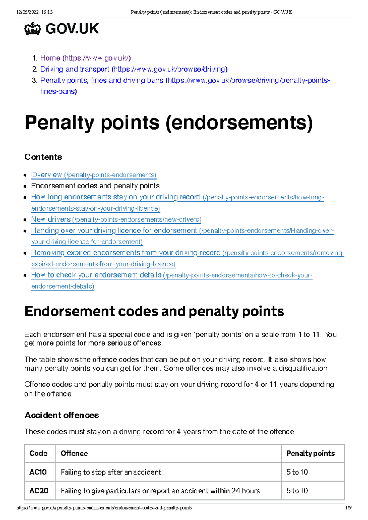 Penalty points (endorsements) Endorsement codes and penalty points ...